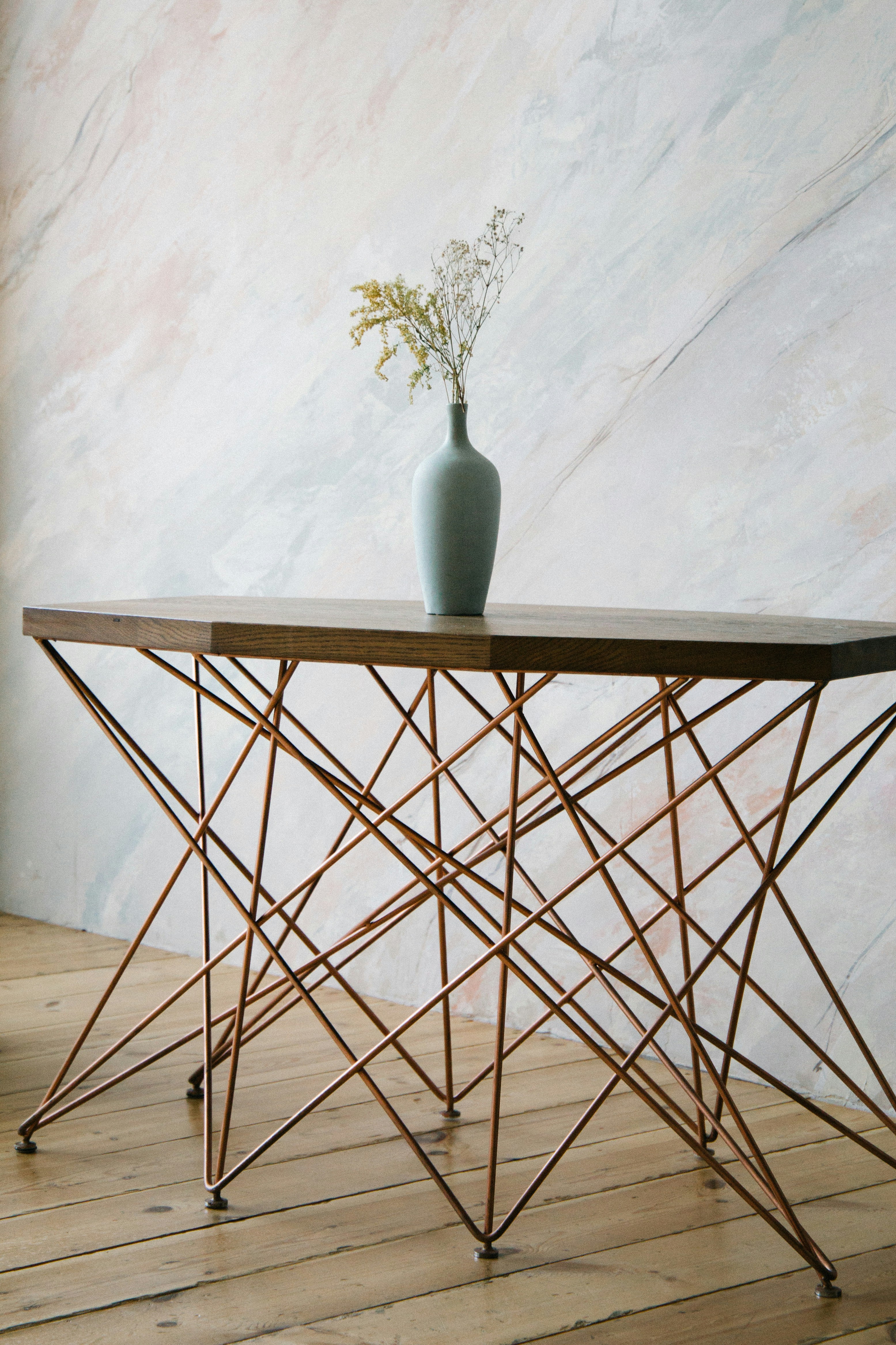 Teal Vase on a Copper Lattice Table: Quiet Geometry in Soft Light
