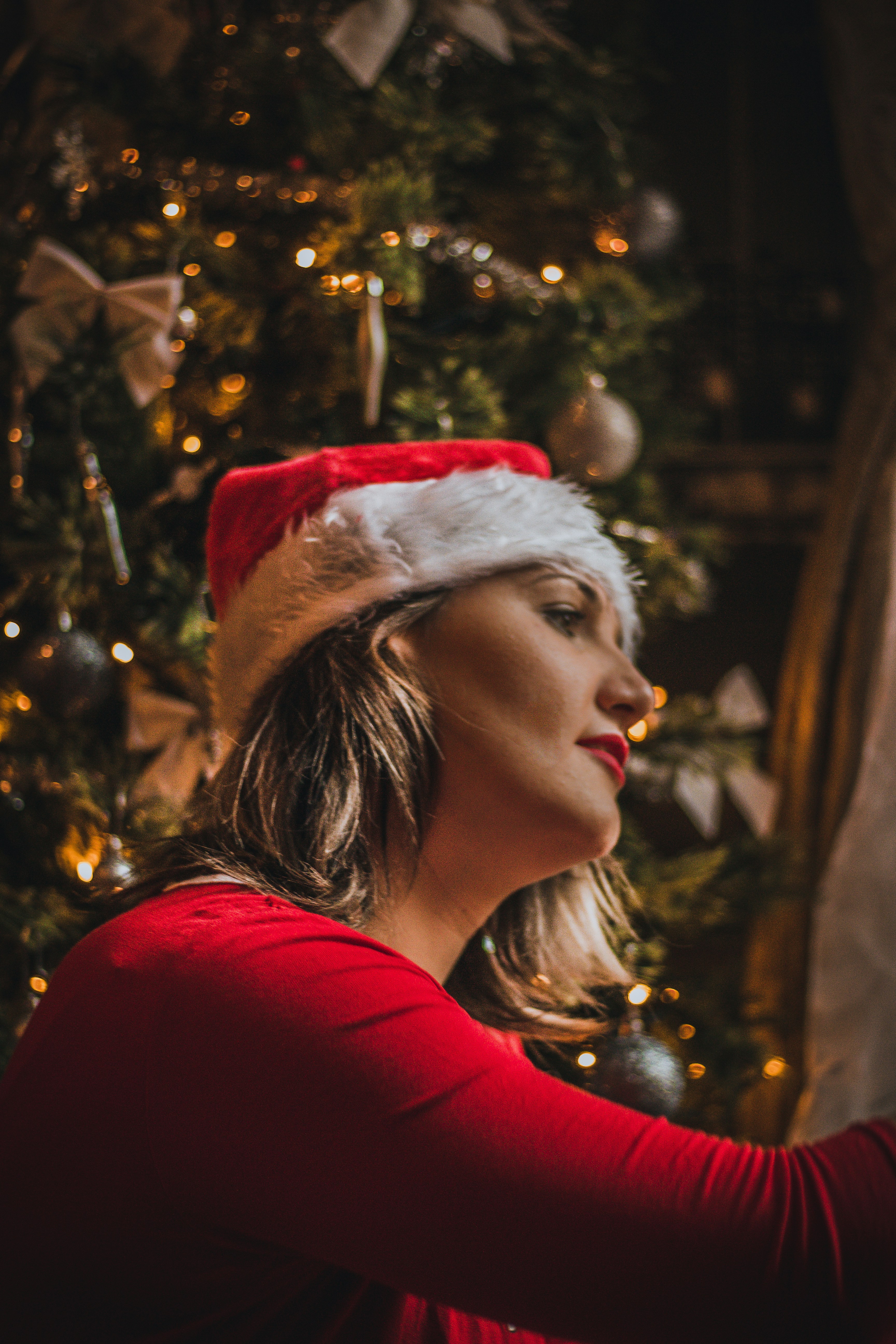 Holiday Profile: Velvet Red and Santa Hat Amid Twinkling Christmas Lights