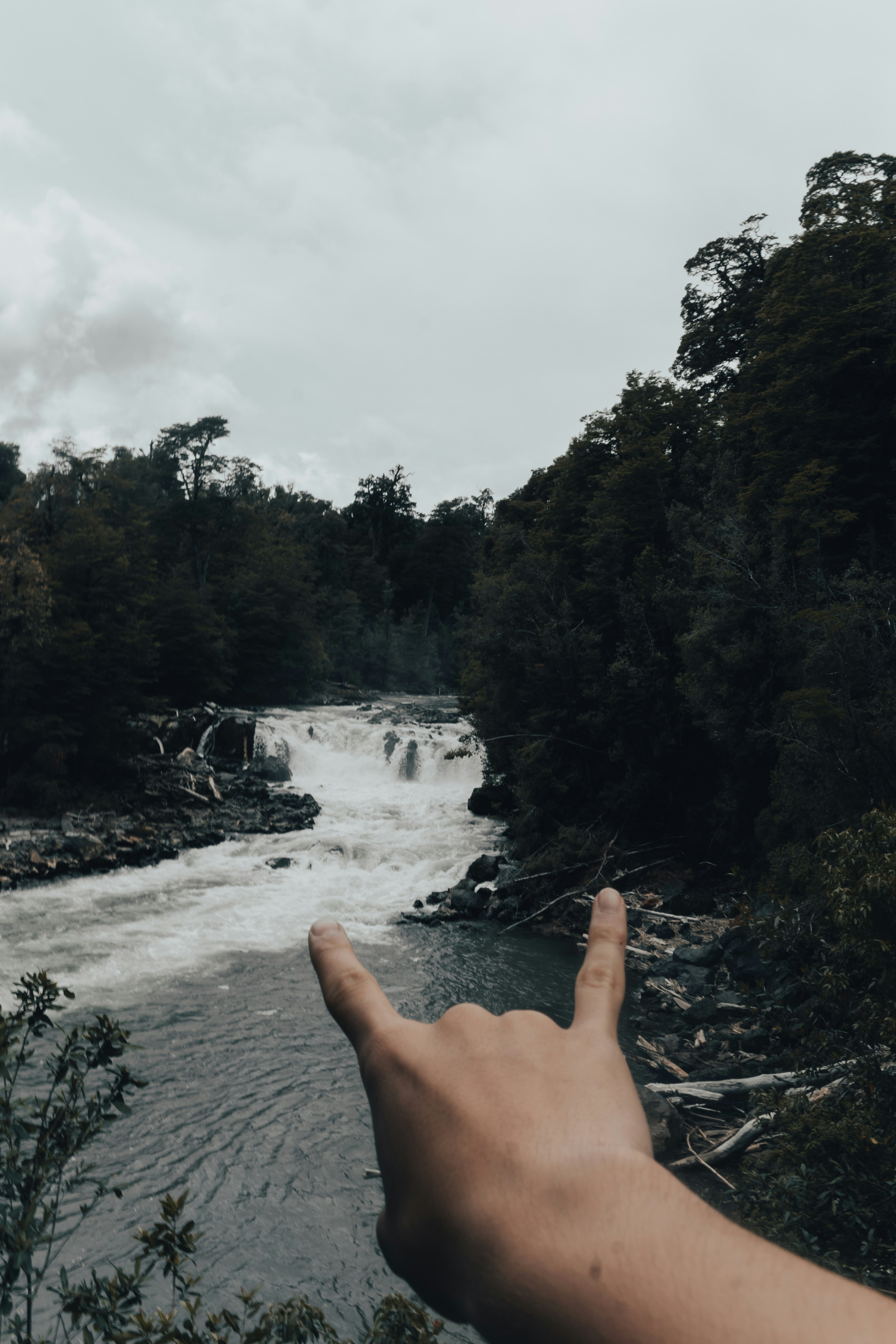Rock Sign Over Rapids: A Foreground Gesture Framing a Forest River