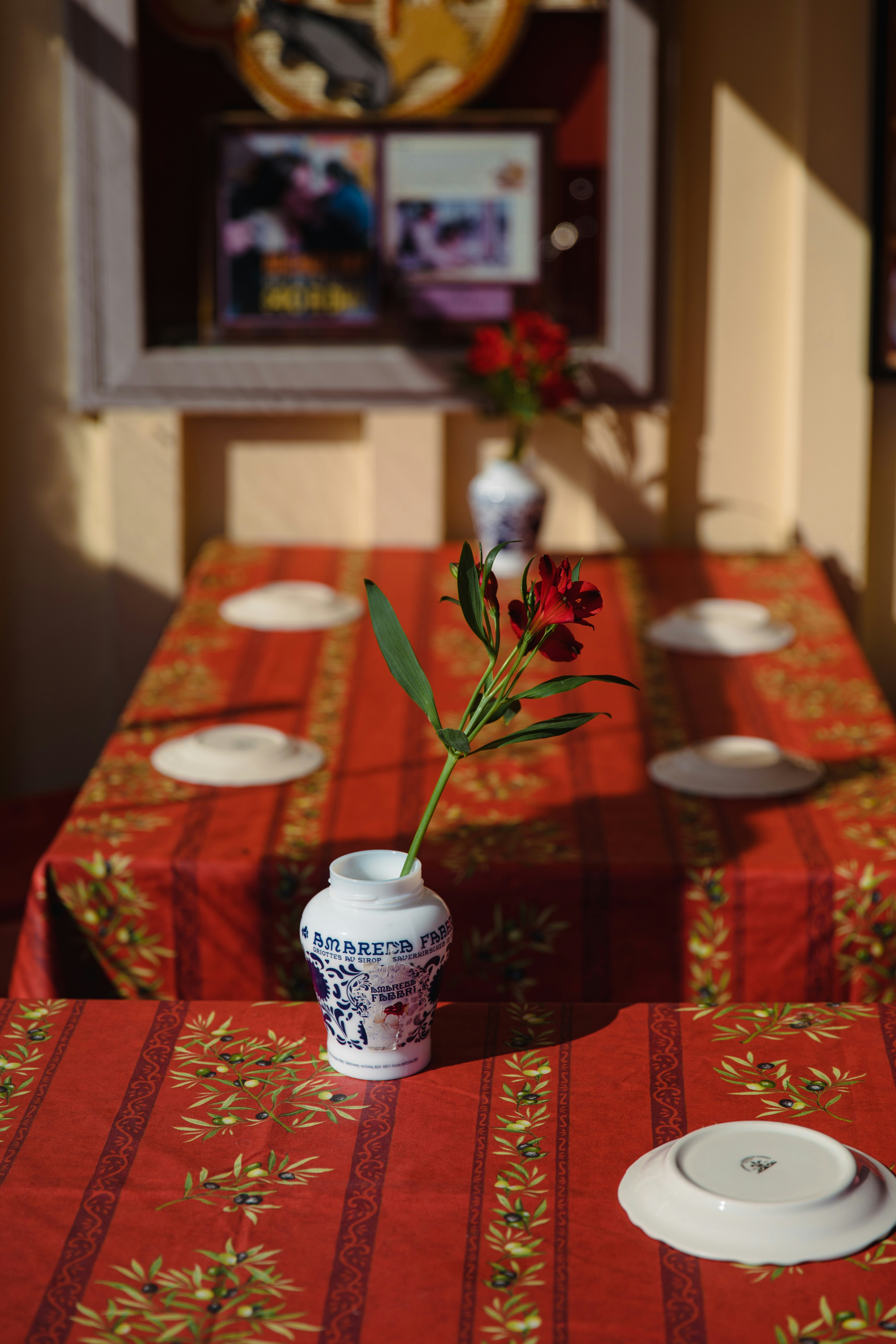 Centered Lily in a Red Tablecloth Corridor