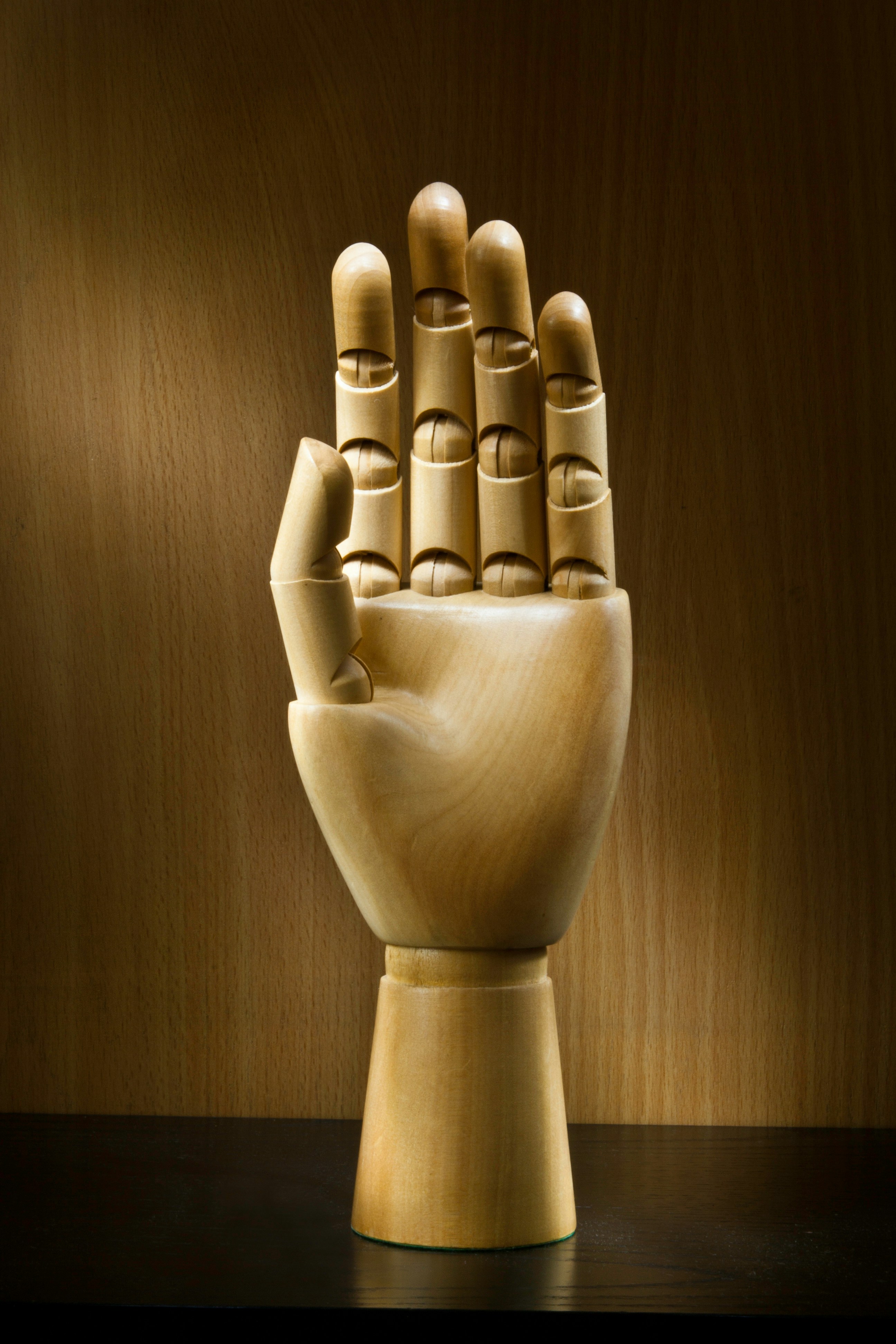 Wooden hand mannequin showcasing intricate finger articulation against a warm wooden backdrop.
