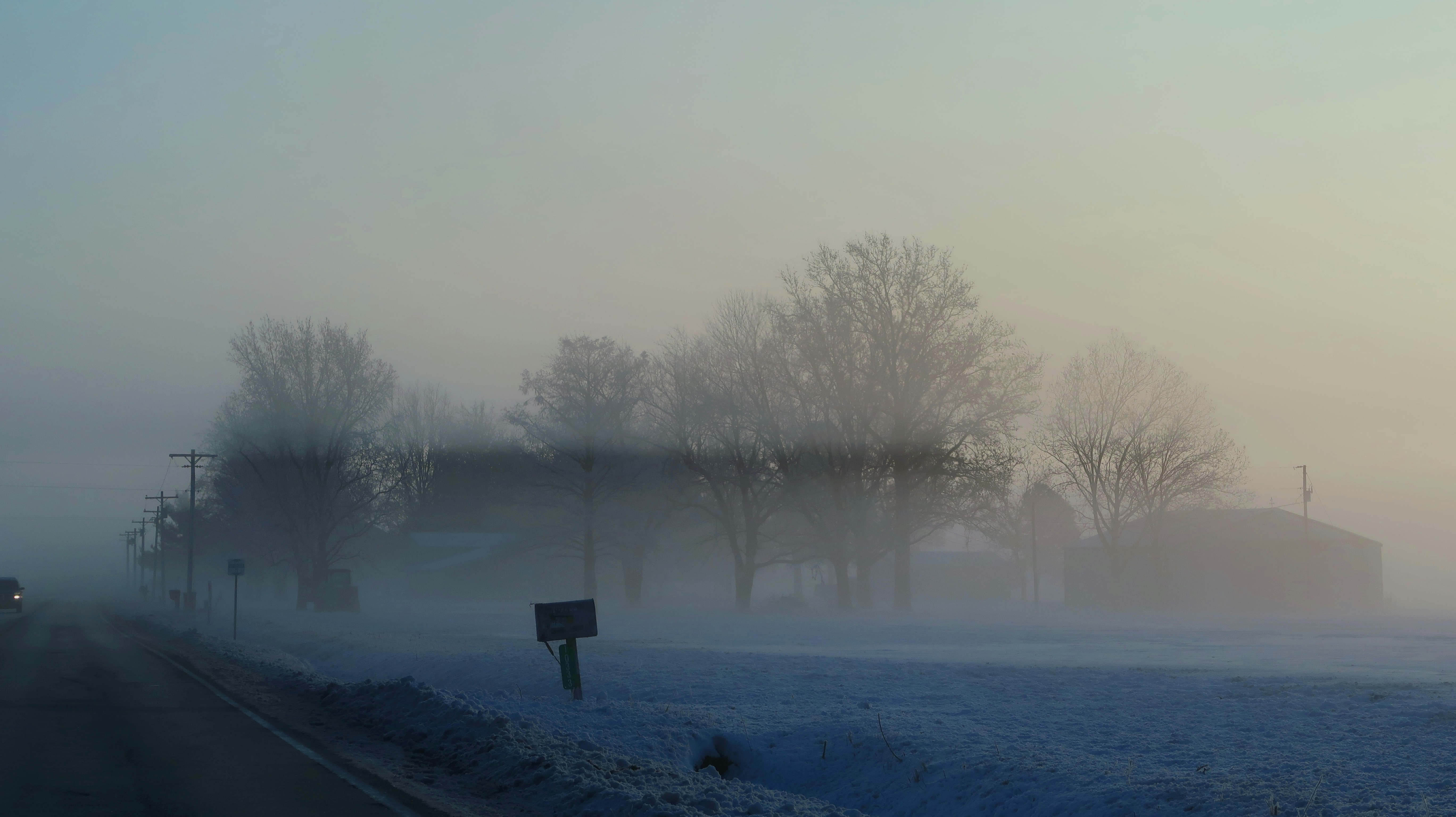 Dawn Fog Drapes a Snowbound Road Through Silent Trees