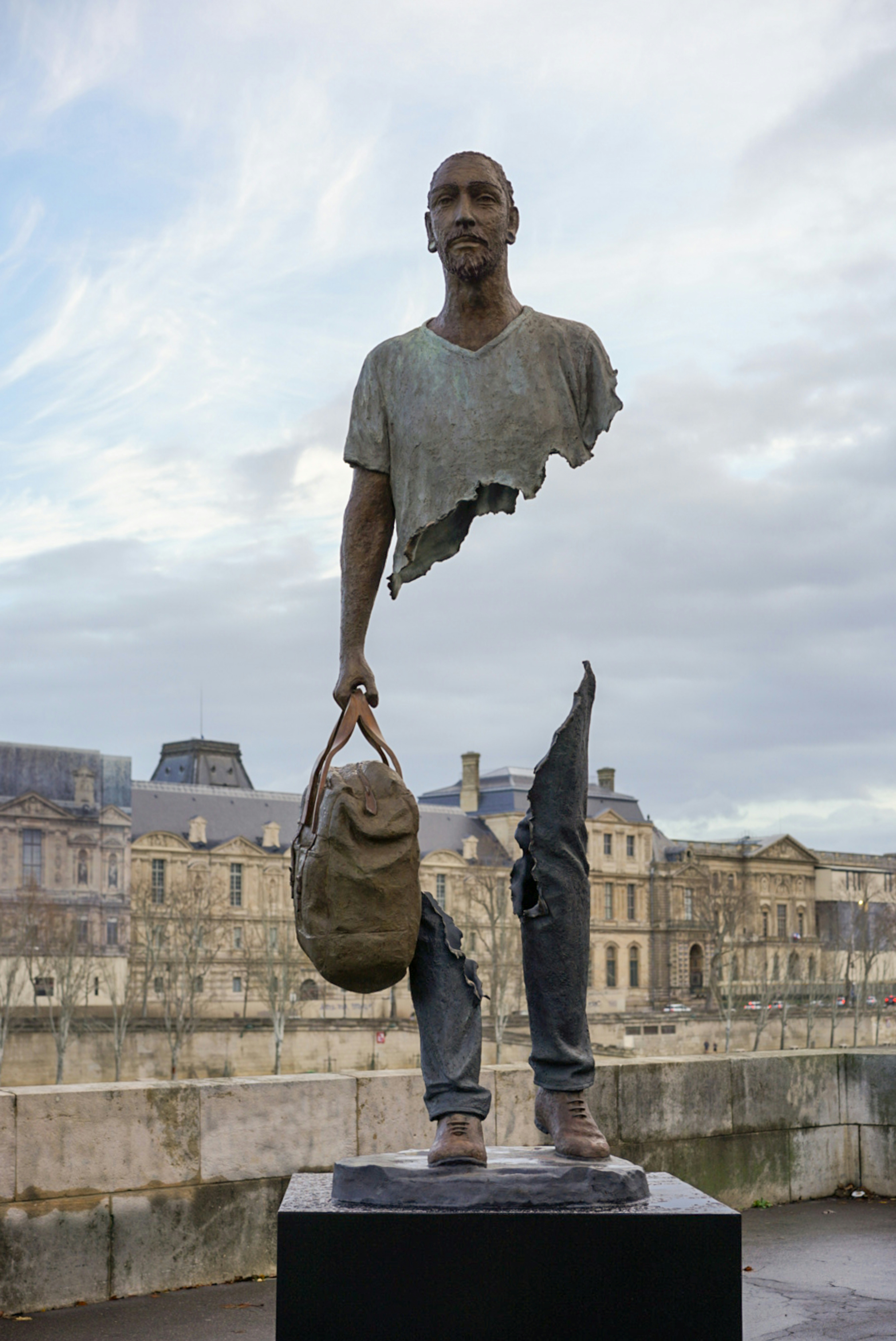 Floating Man: a sculptural figure tethered to nothing but wind