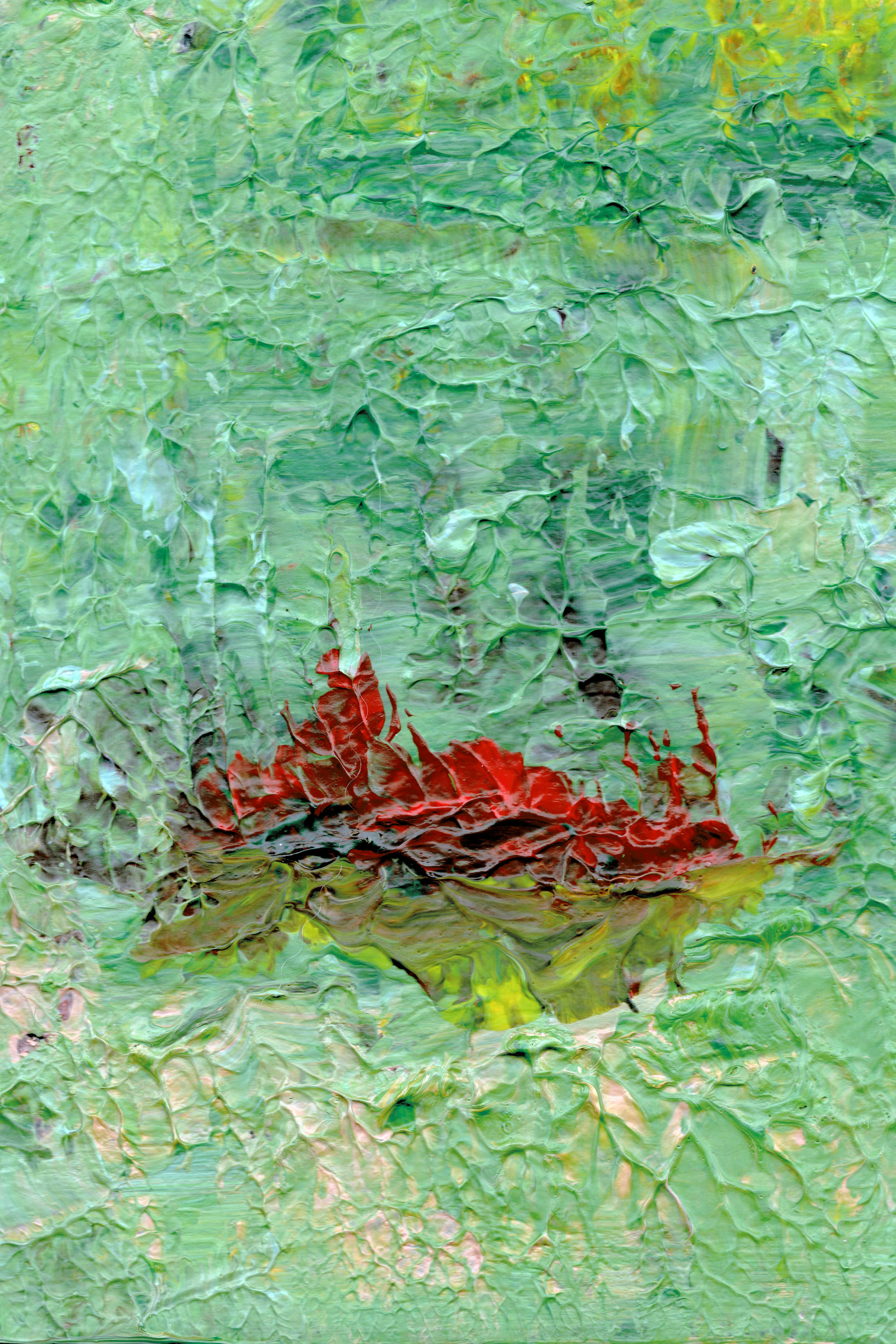 Abstract painting featuring a vibrant red shape amidst textured green hues, evoking a sense of nature's tranquility.