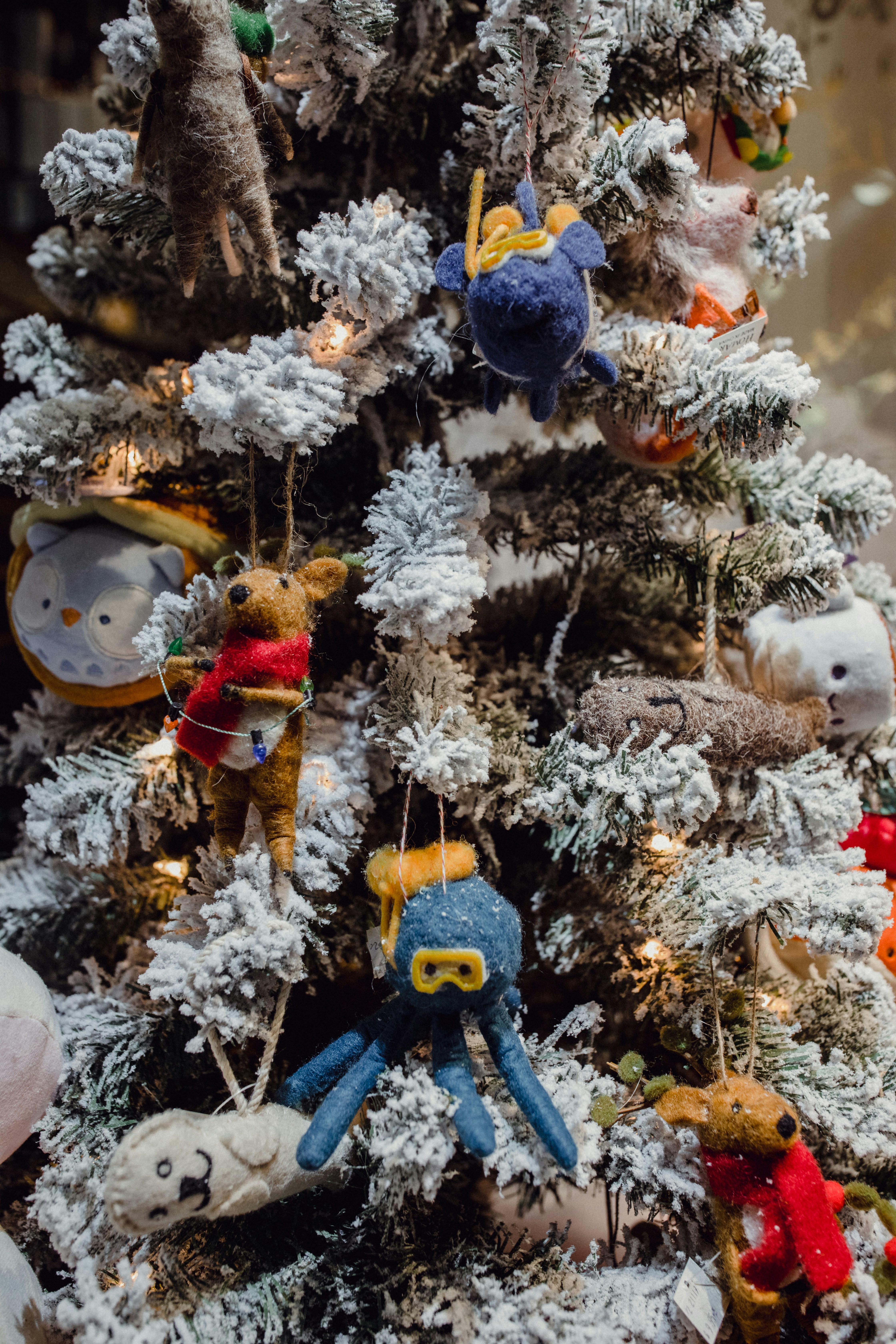 Snow-Dusted Plush Ornaments: A Cozy Christmas Tree Portrait