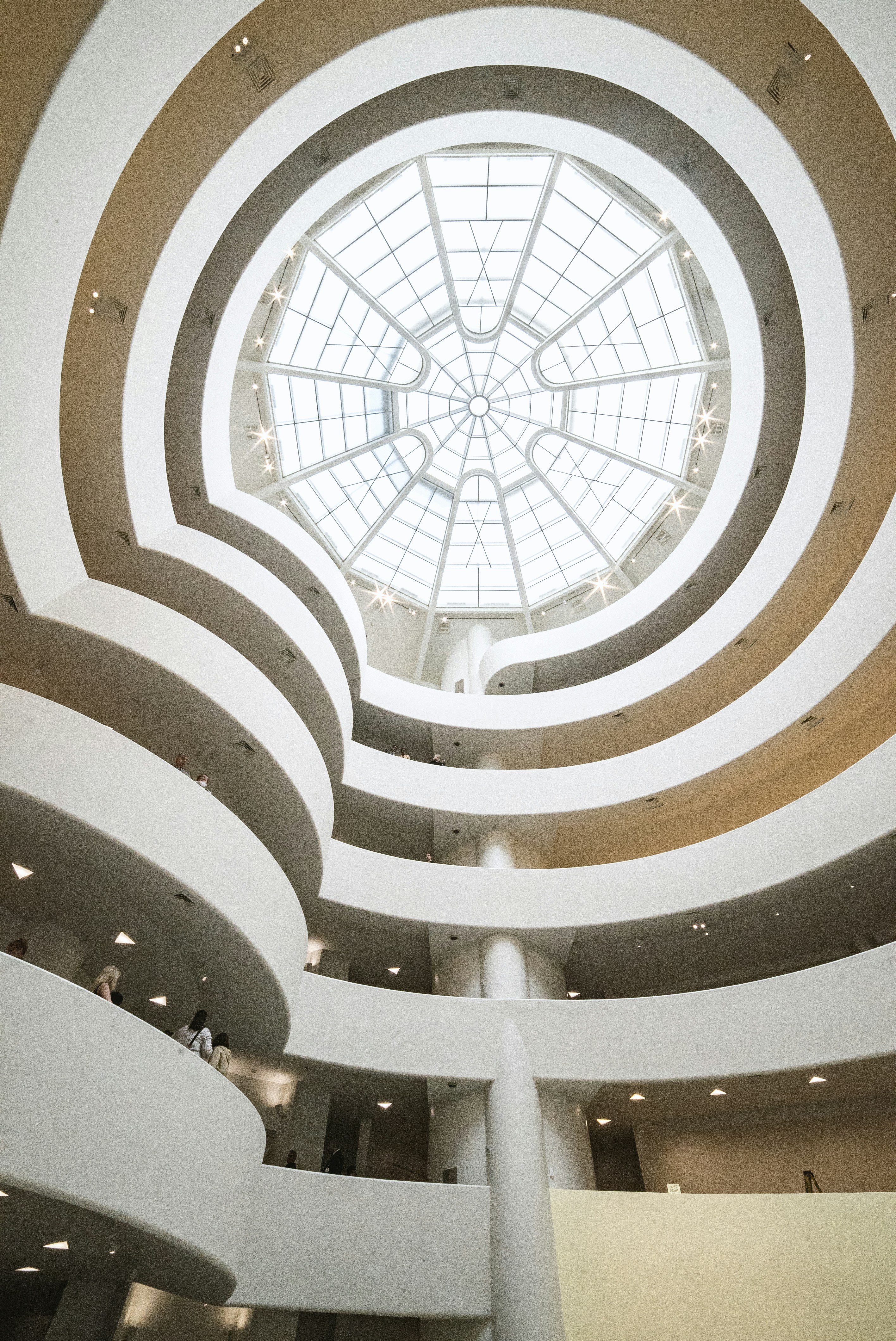 A modern architectural marvel featuring spiraling white ramps converging towards a glass skylight, showcasing the interplay of light and structure.
