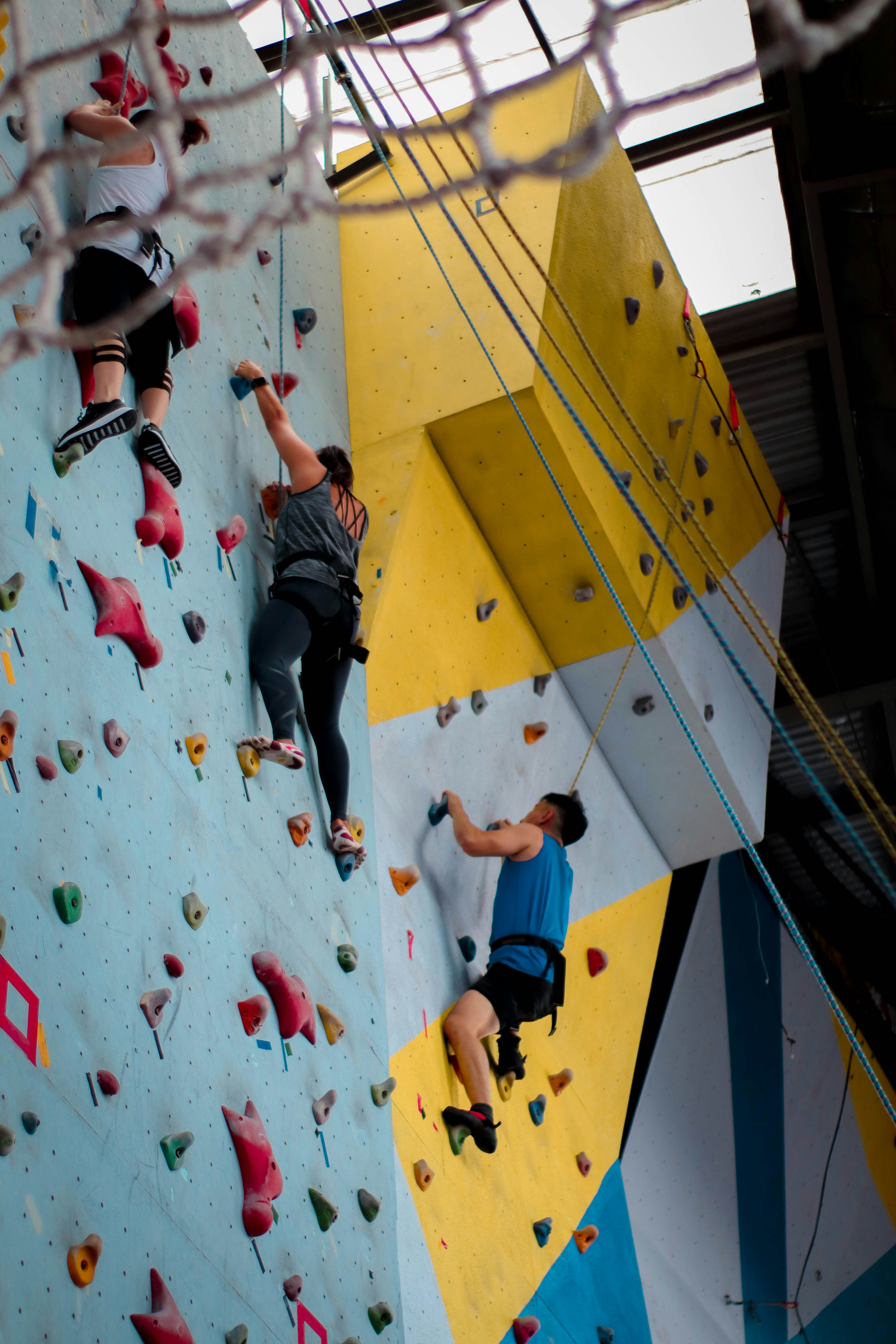 Three climbers tackle a vibrant indoor climbing wall, showcasing their skills and determination against a backdrop of colorful holds.