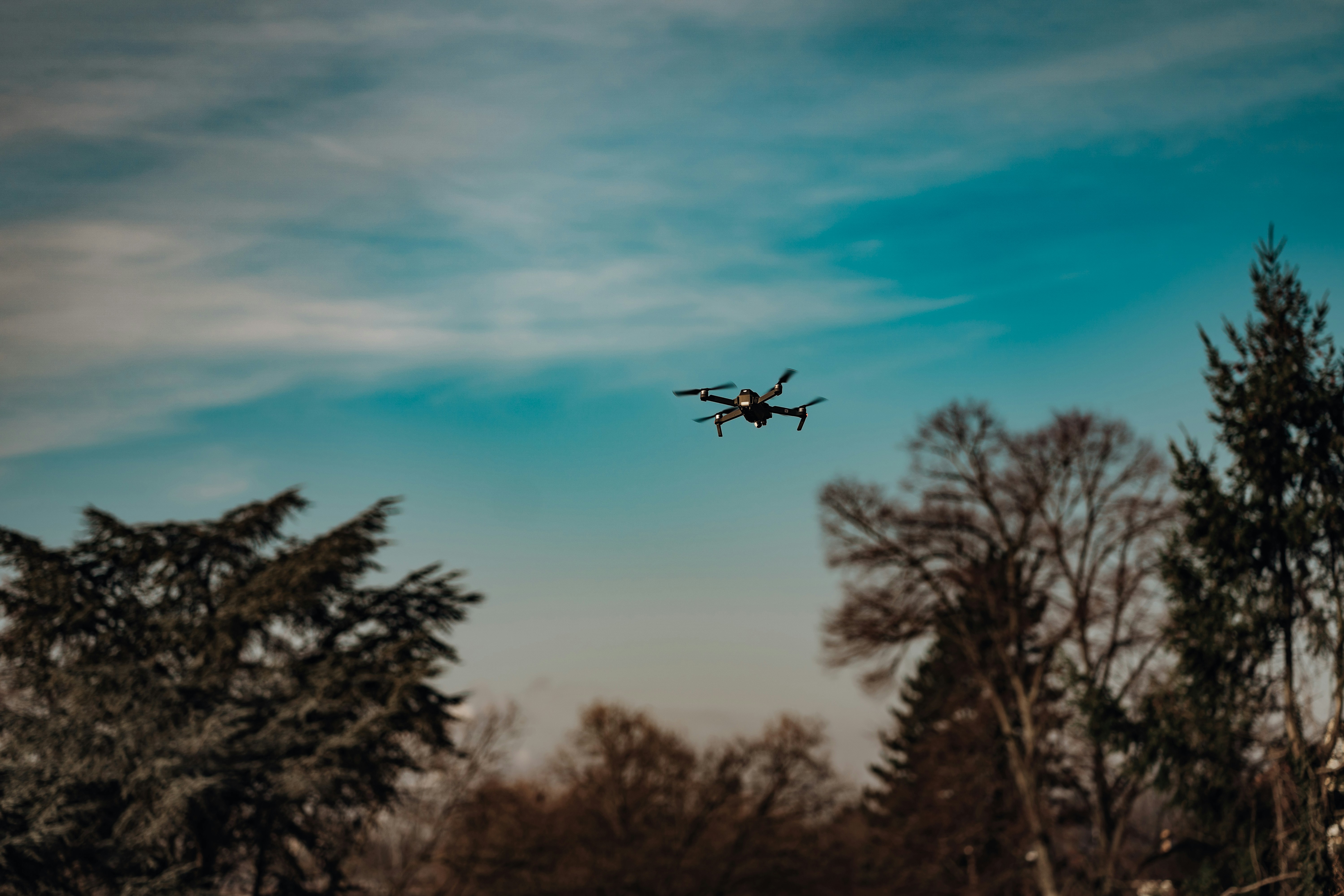 Drone hovering mid-air amidst bare trees under a clear sky.