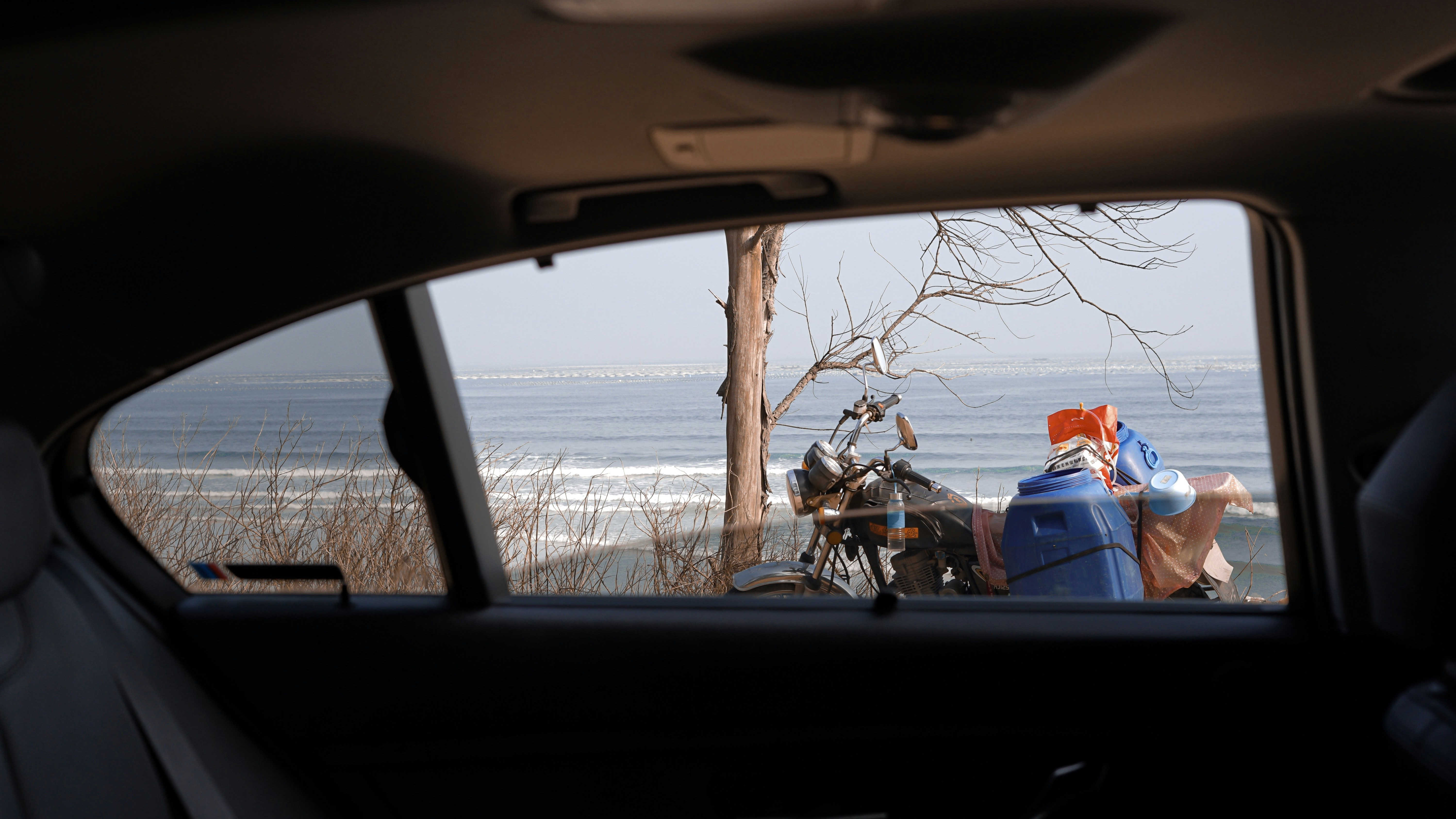 Shoreline Rest Stop Framed by Glass: A Gear-Laden Cyclist by the Sea