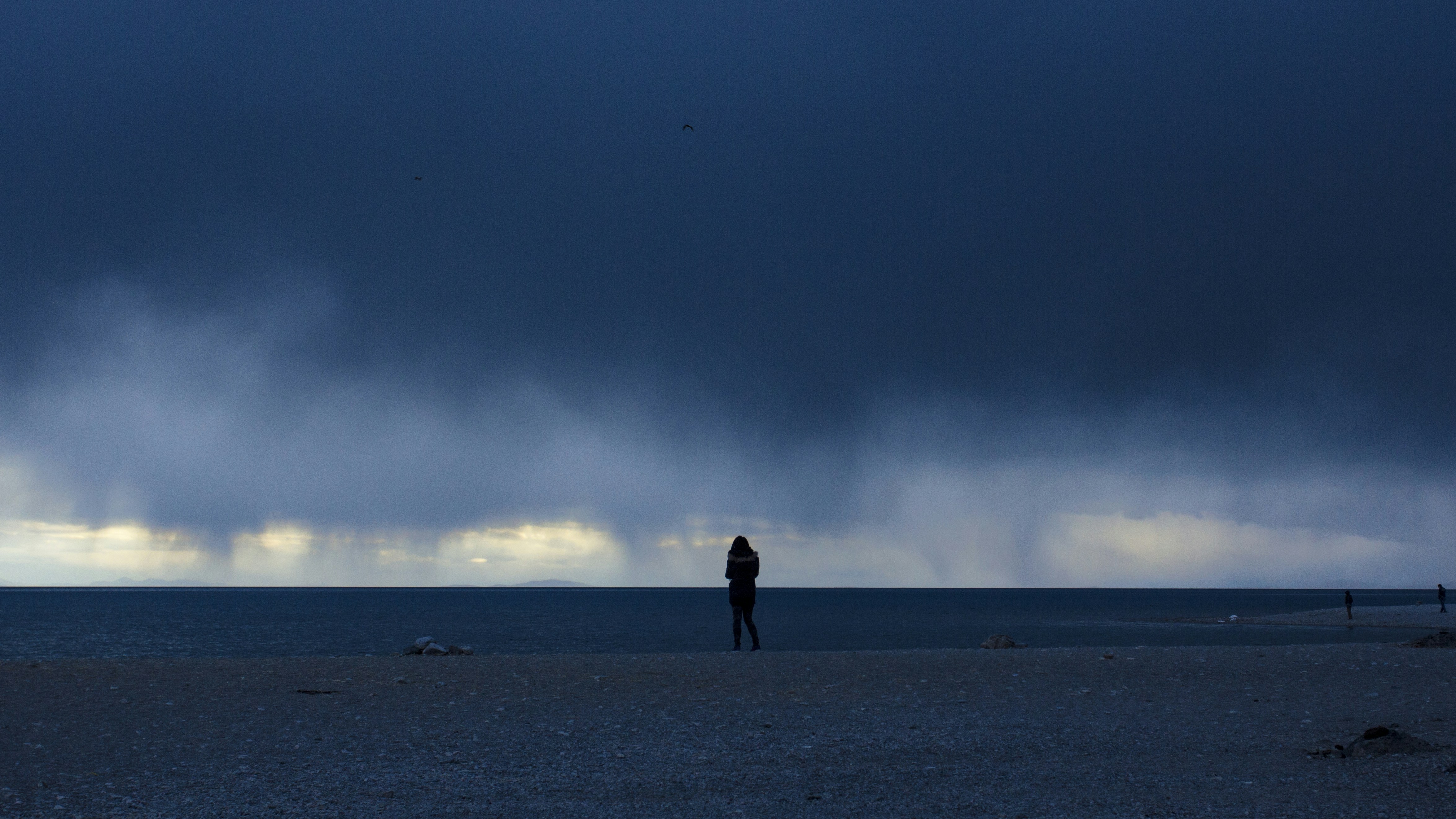A solitary figure stands on a beach, gazing out at the turbulent sea under dark, brooding clouds. Rain falls in the distance, adding a sense of drama to the scene.
