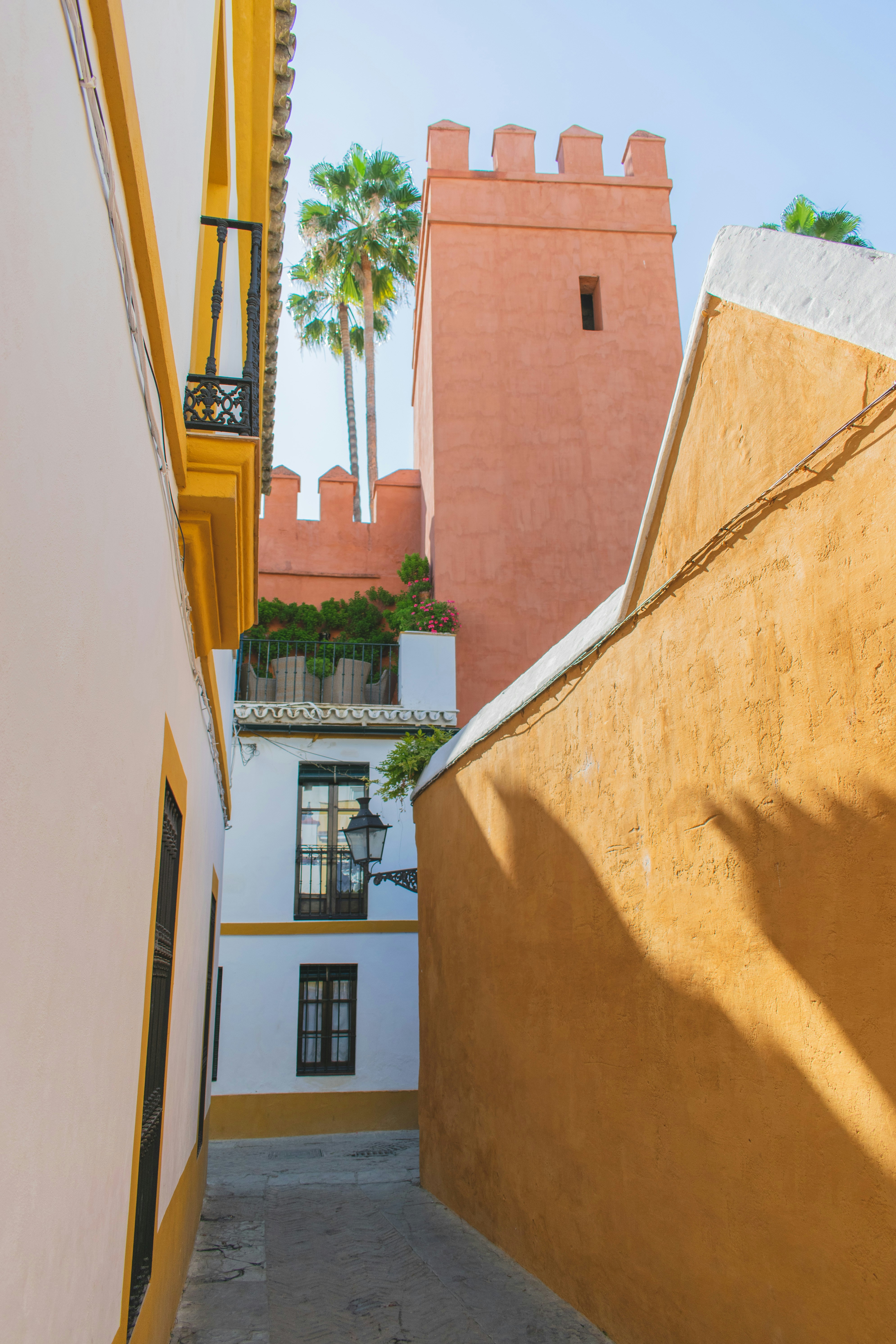 Narrow alleyway flanked by vibrant walls leading to a historic tower adorned with palm trees.