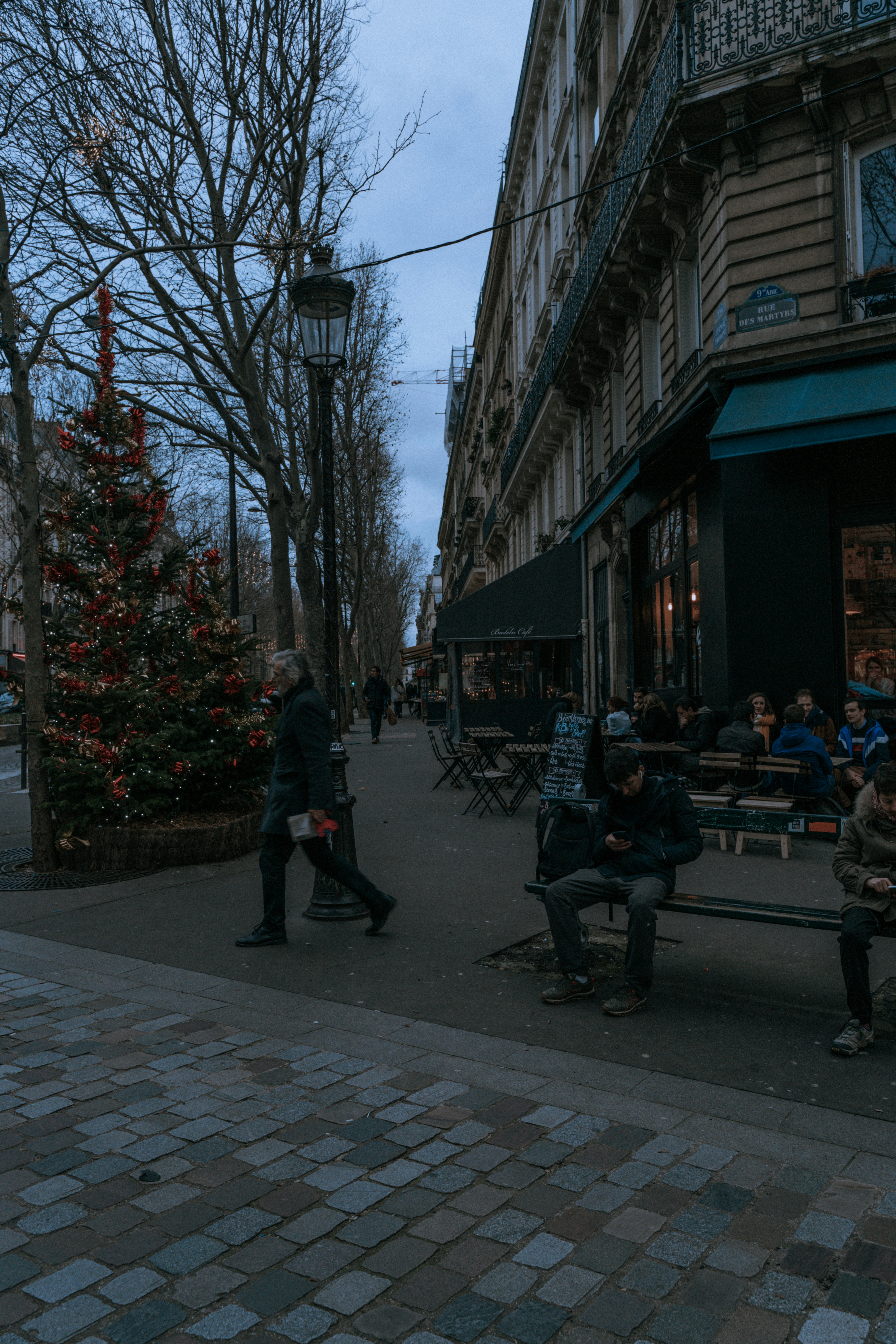 Twilight Courtyard: A Parisian Street Café Quietly Buzzes Around a Christmas Tree