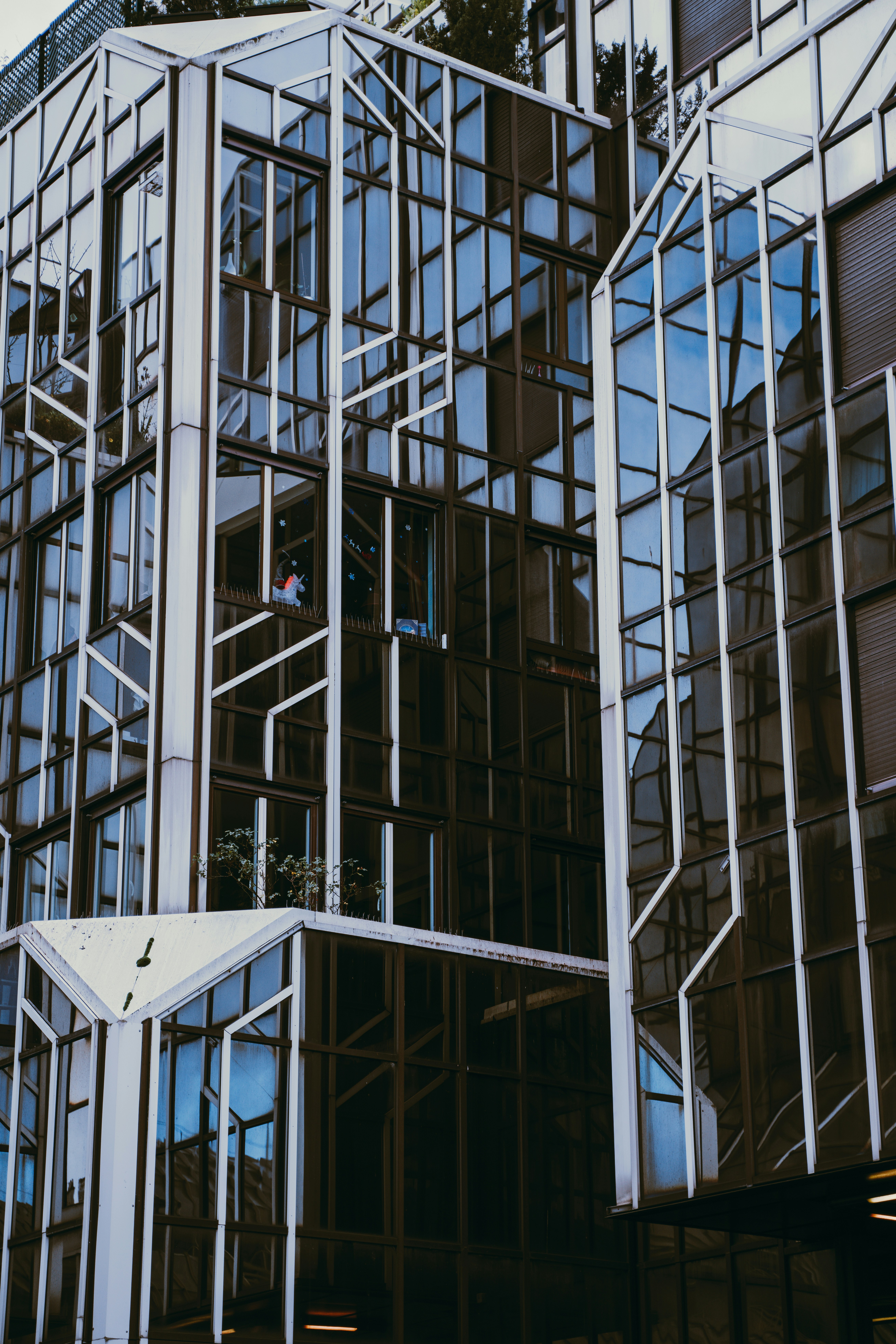 Modern architectural structure featuring intricate glass designs and reflections, complemented by greenery on the balcony. The interplay of light enhances the building's geometric lines.