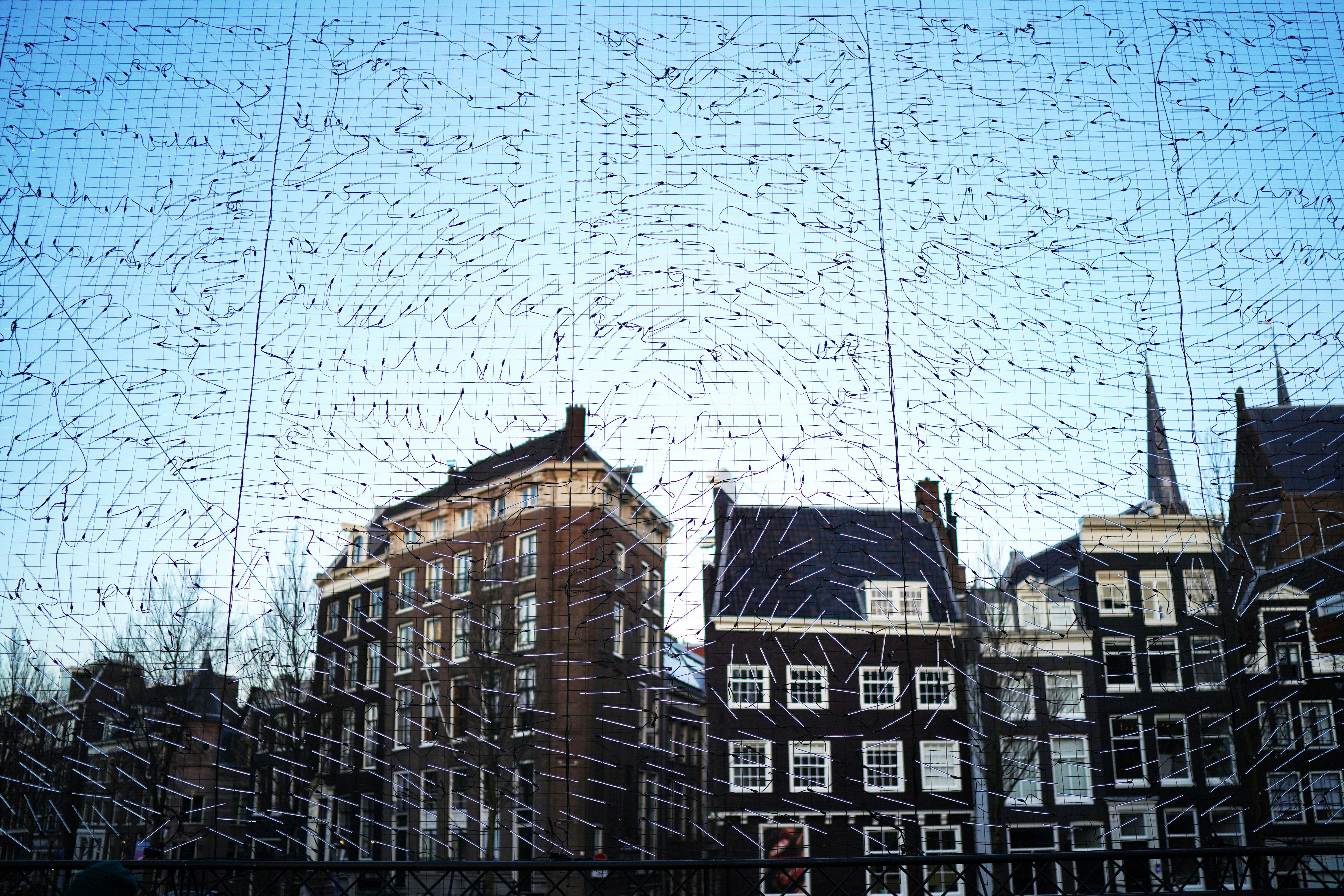 Mesh of Wind-Laced Facades Under a Netted Sky