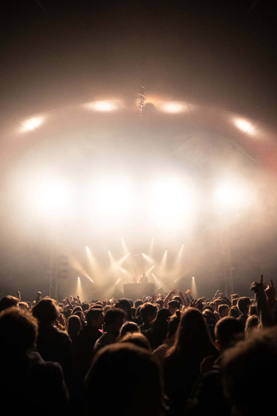 Dense concert crowd facing a blindingly lit stage with a DJ or performer silhouetted at center. Warm beams and haze fill the venue above raised hands.