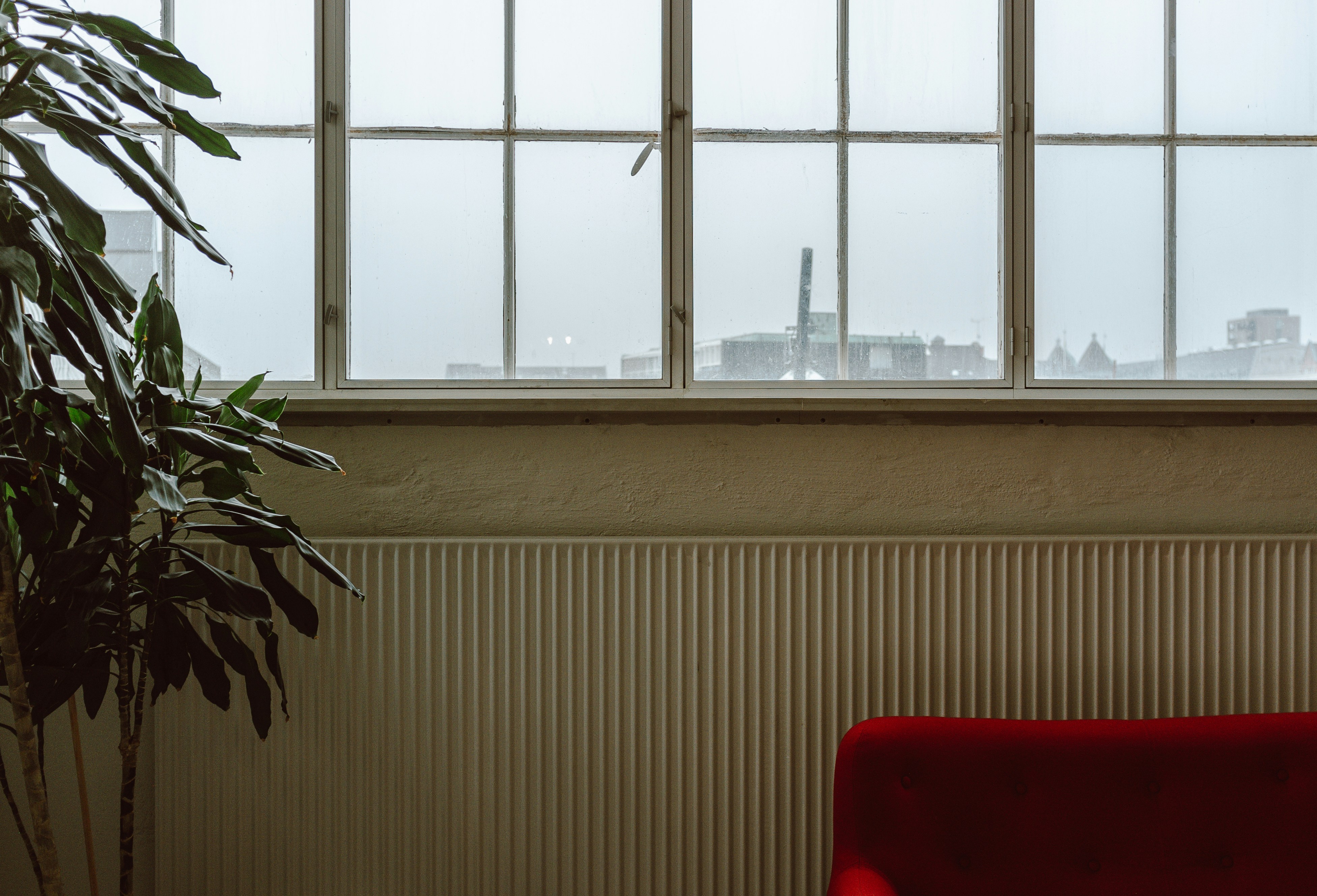 A cozy interior featuring a vibrant red couch beside a leafy plant, with a foggy window revealing a muted cityscape beyond.