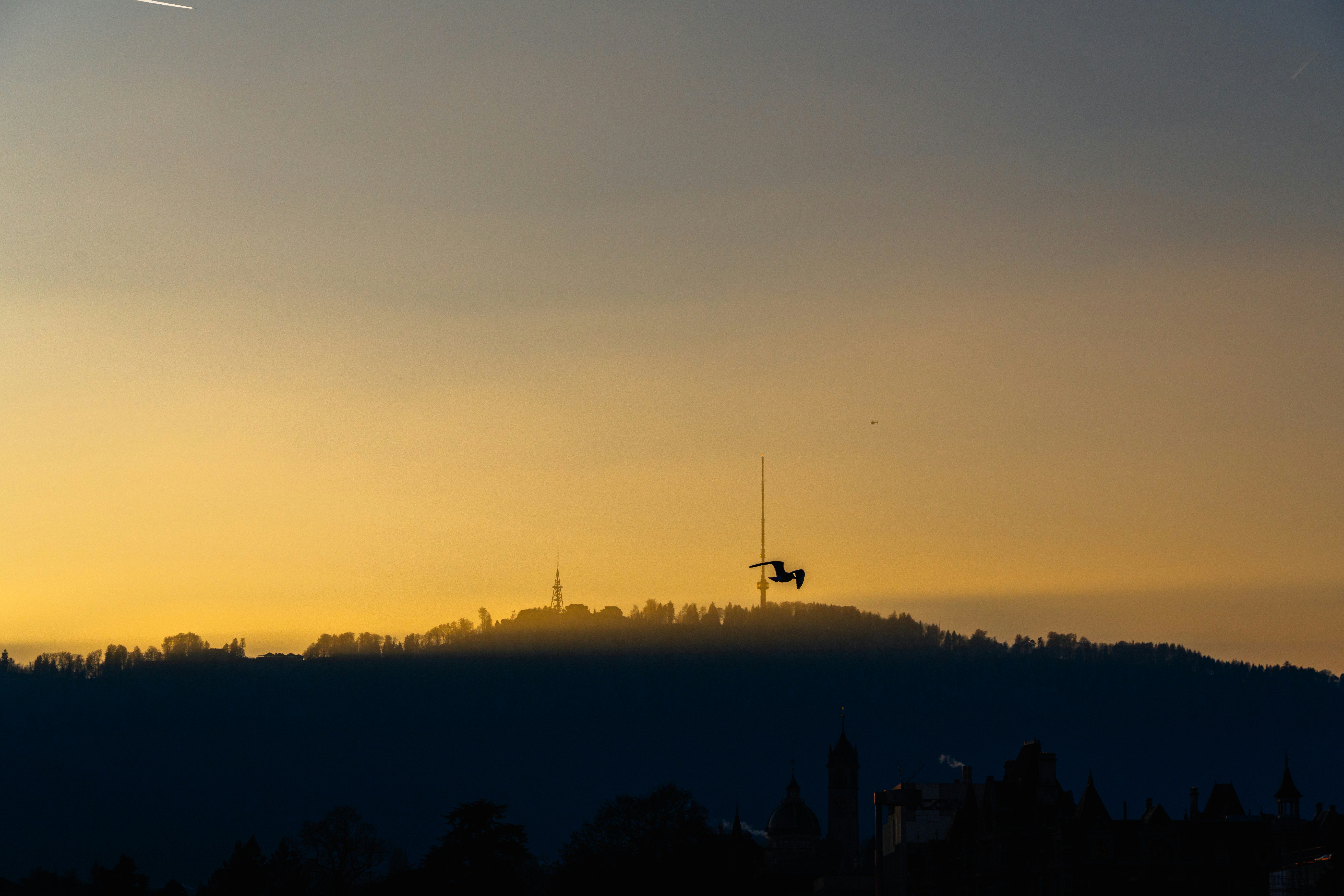 Dawn Crest: A lone communication tower crowns the hill at sunrise