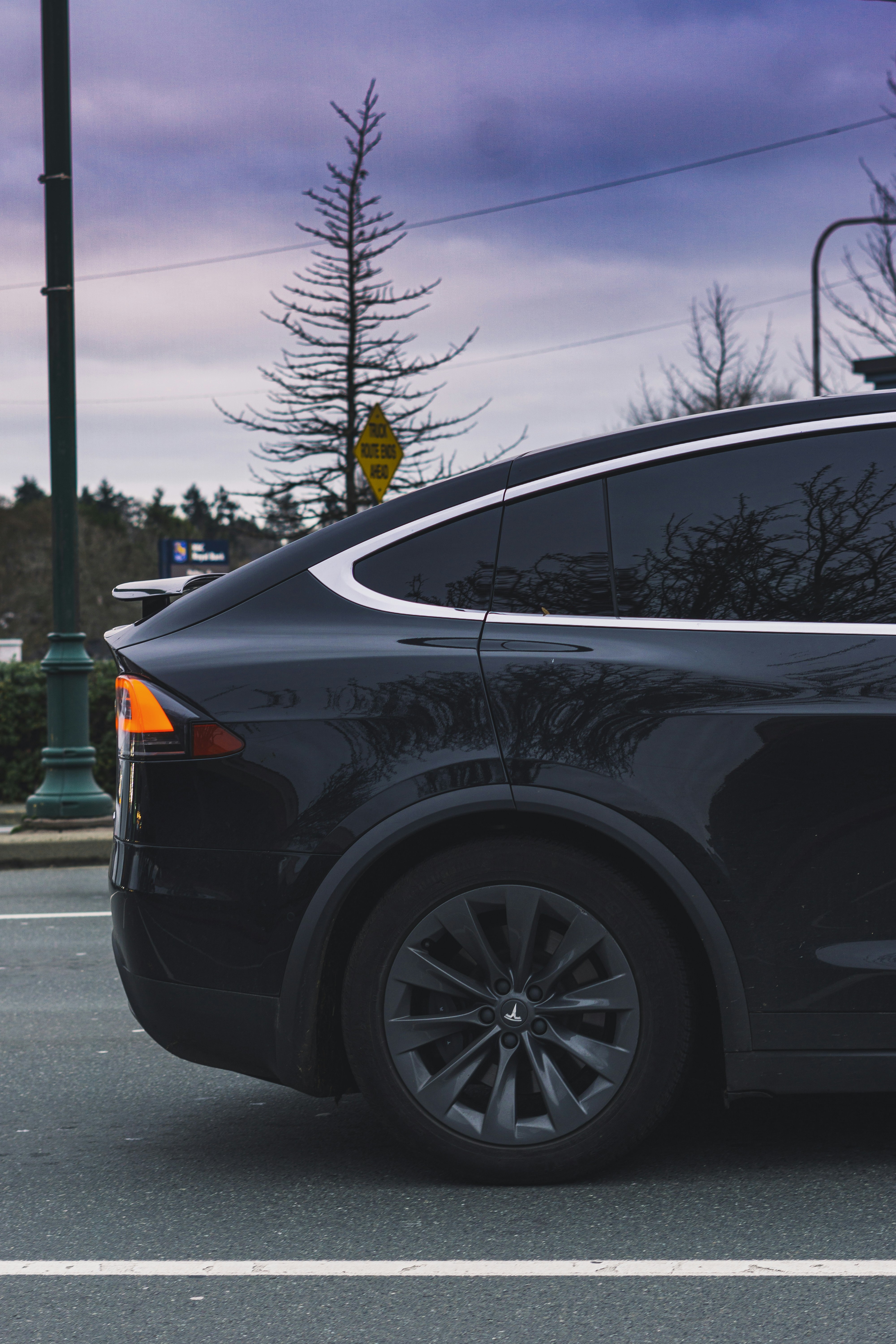 Sleek black electric vehicle parked alongside a tree-lined street under a purple sky.