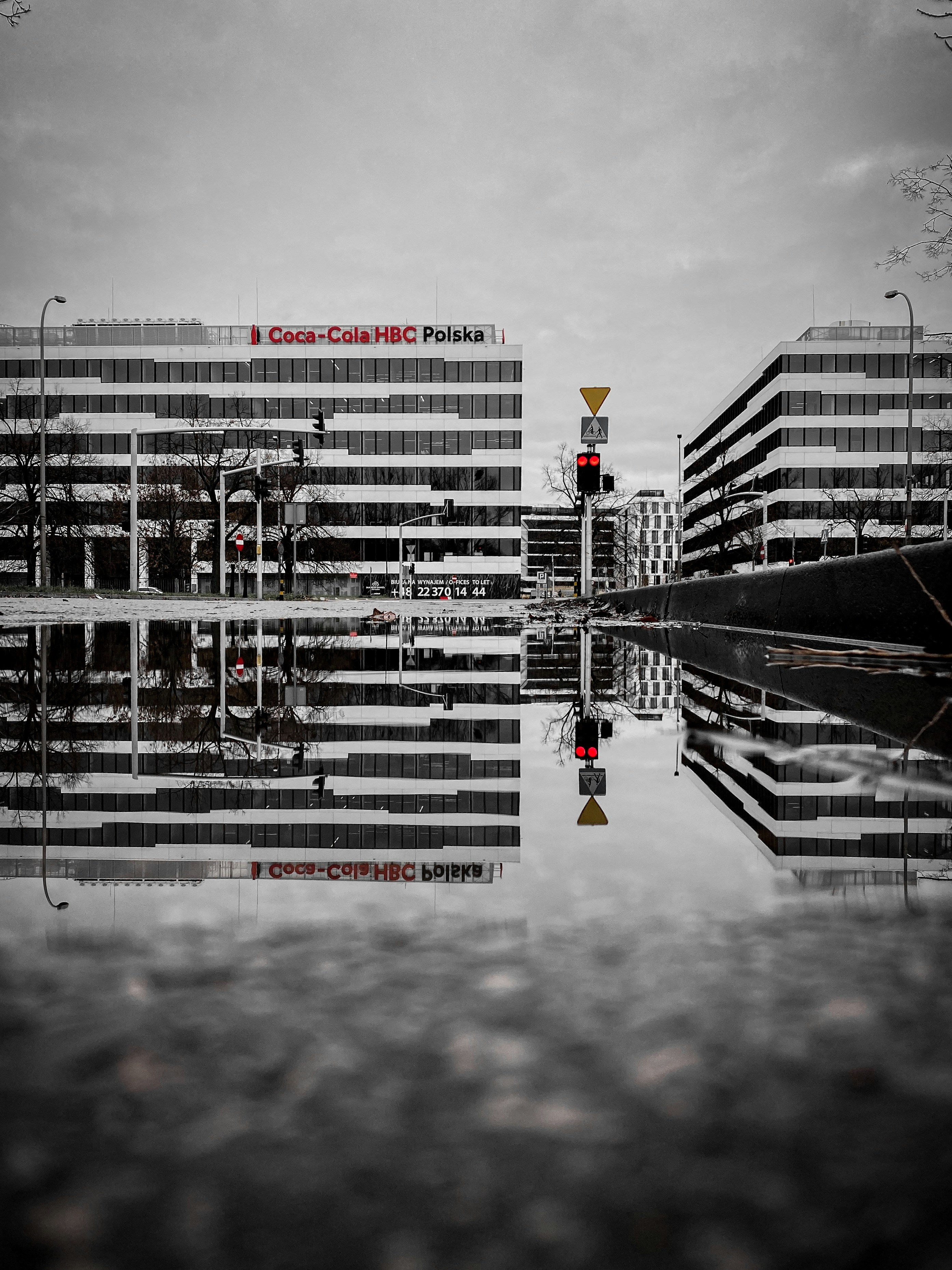 Red Signal at the Center: Reflections in a Monochrome City