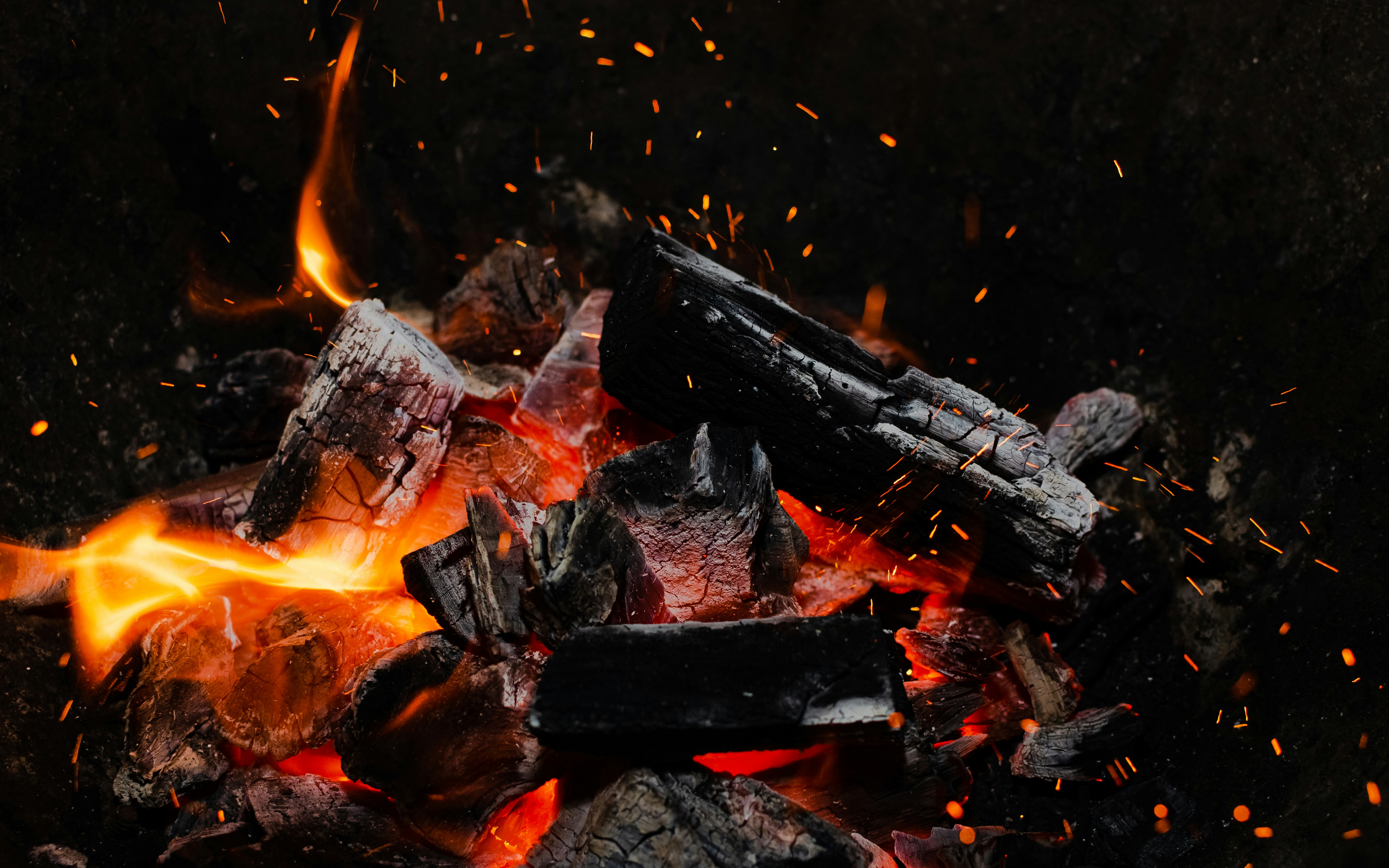 Pulse of the Ember: Close-Up on Charred Coals and Sparks