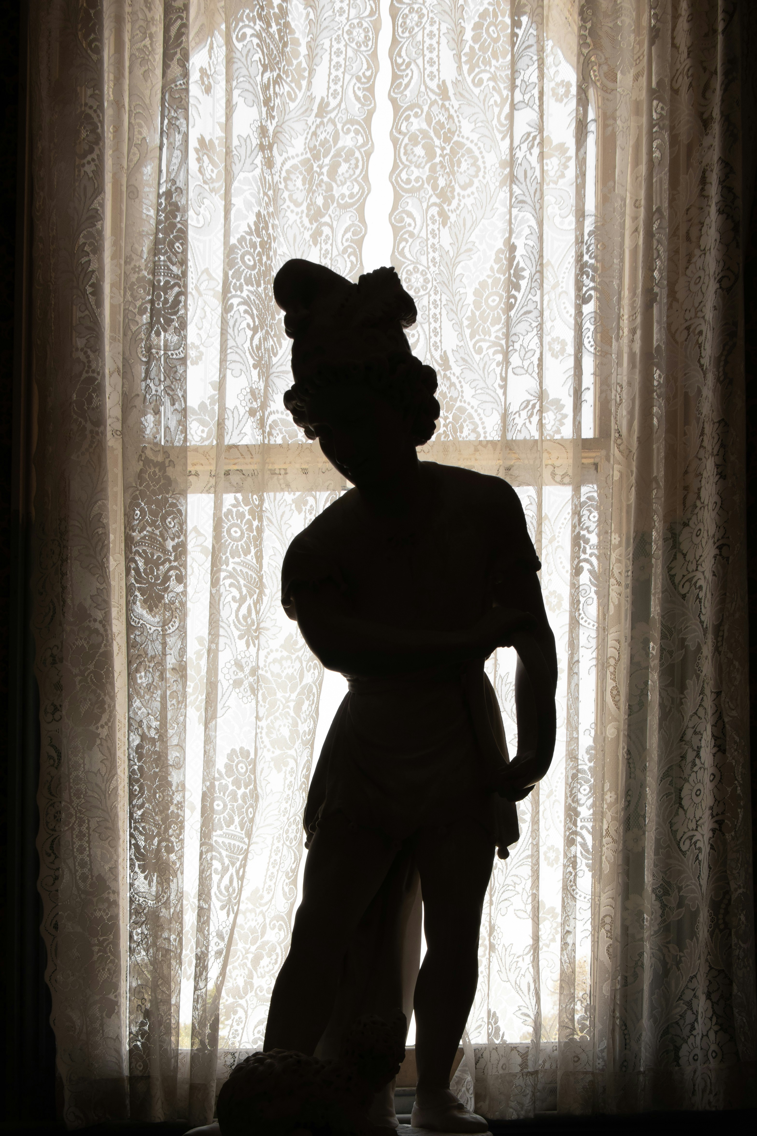 Silhouette in Lace: A Backlit Pose by the Window