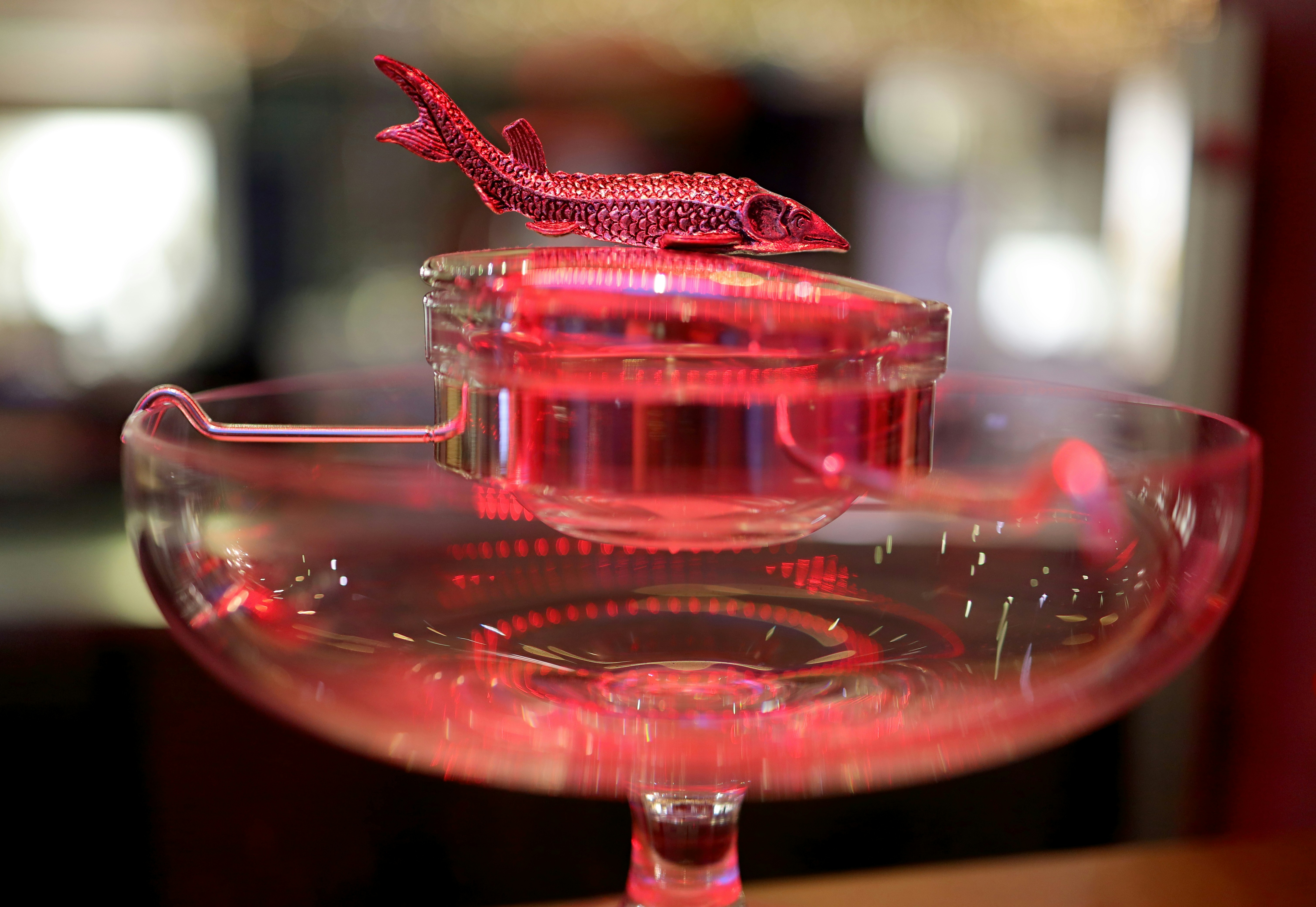 Crimson Lizard Perched on a Glass Ring Beneath Neon Red Glow
