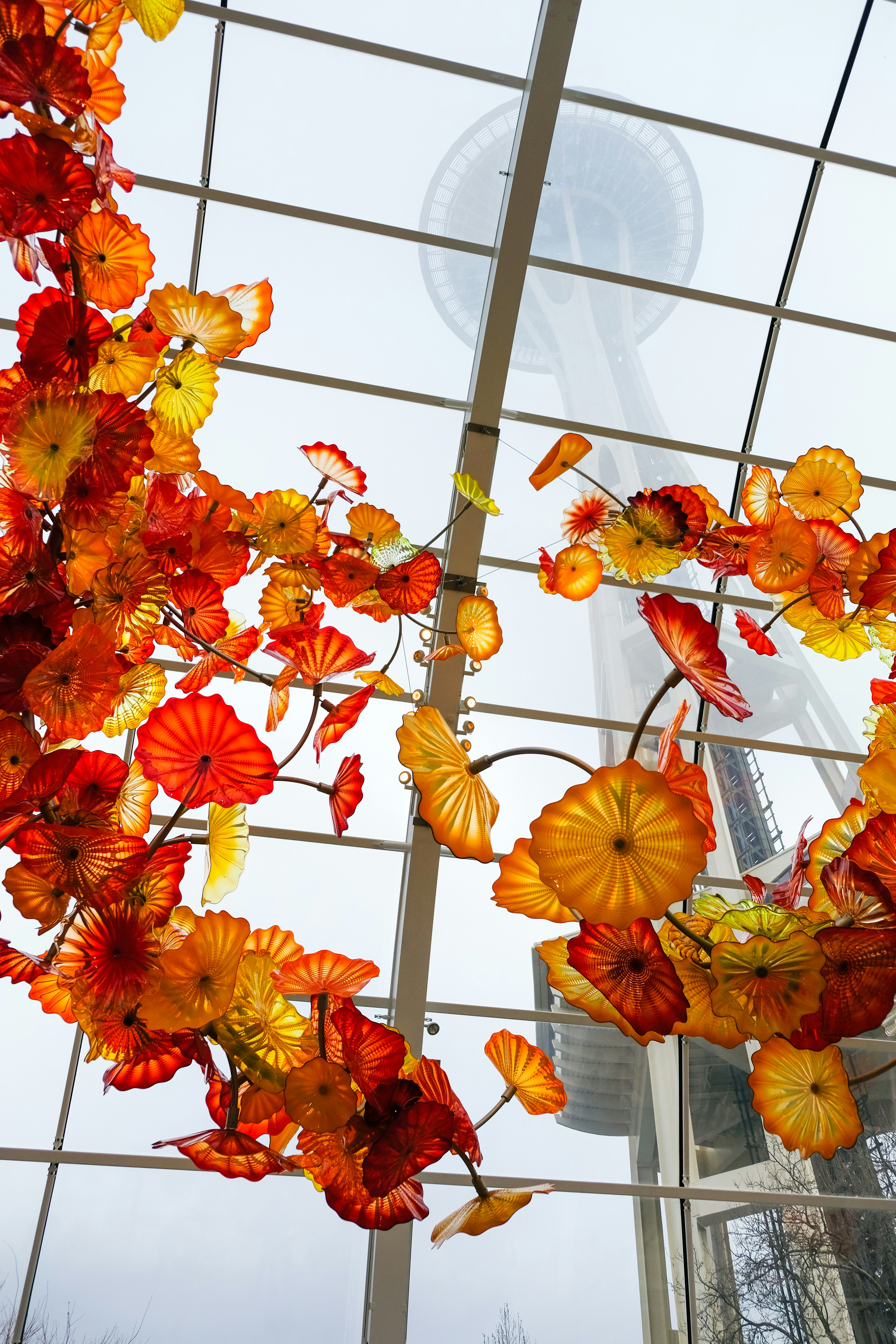 Crimson Leaves in a Glass Canopy Framing the Space Needle