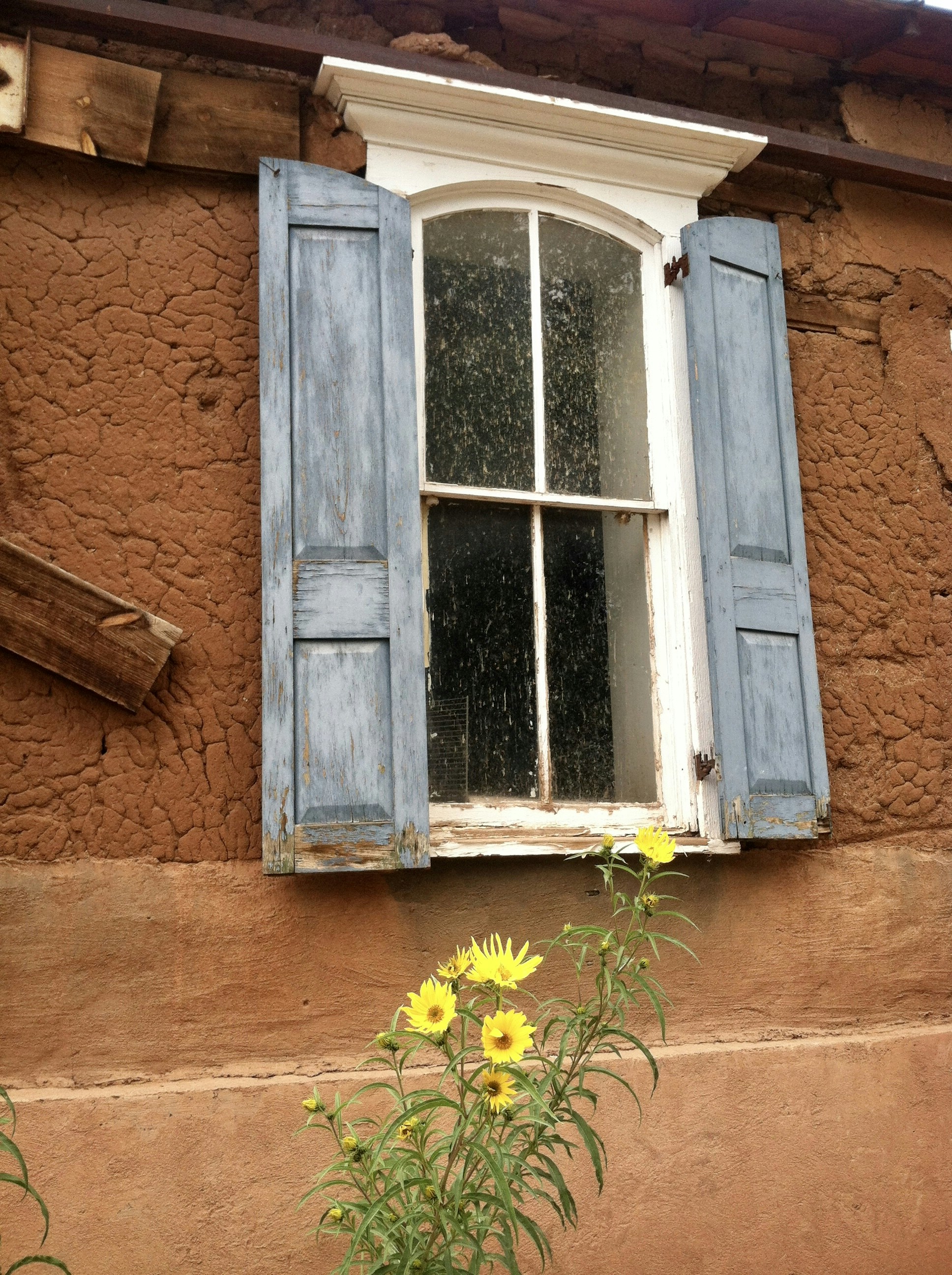A rustic window framed by faded blue shutters, set against a textured earth-toned wall, with vibrant yellow flowers in the foreground.