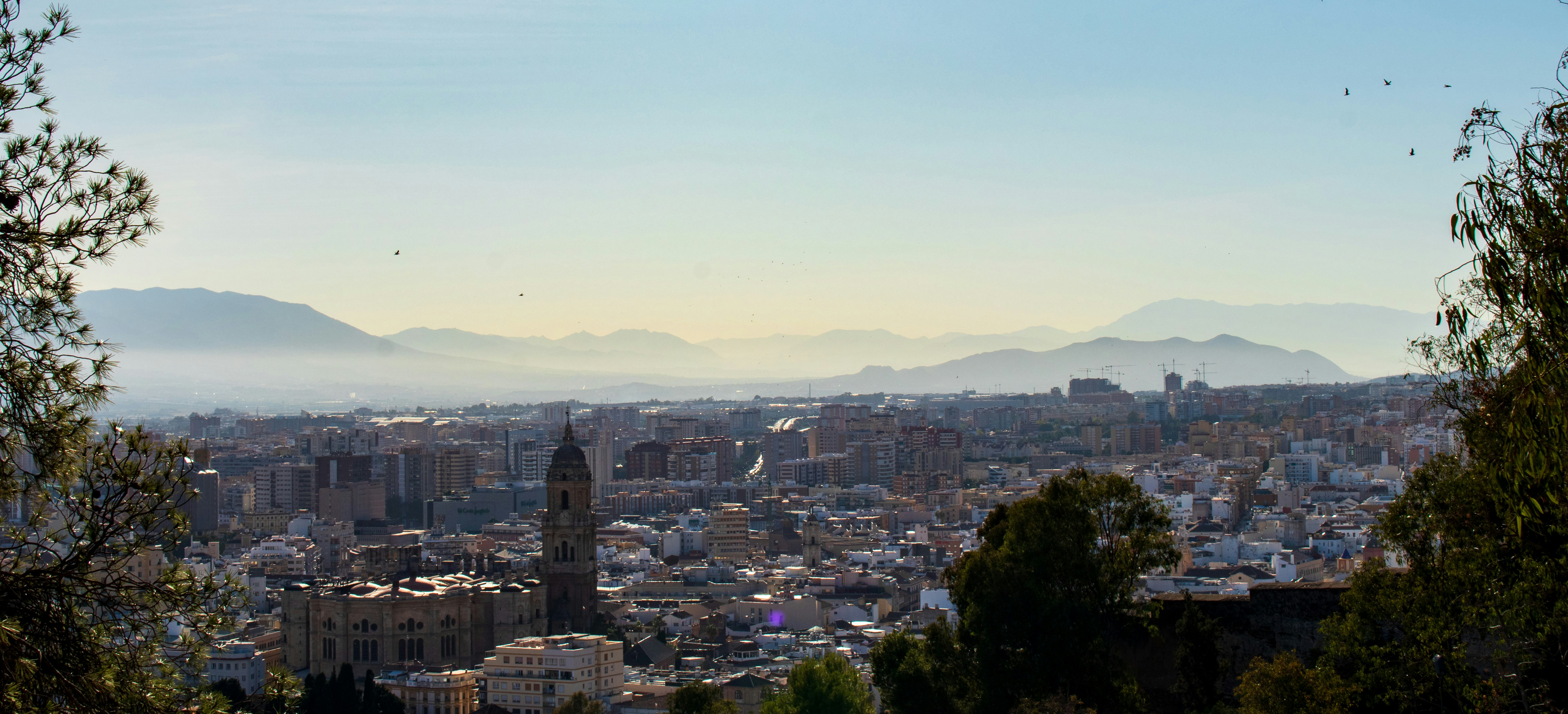 Expansive cityscape with distant mountains under a hazy blue sky.