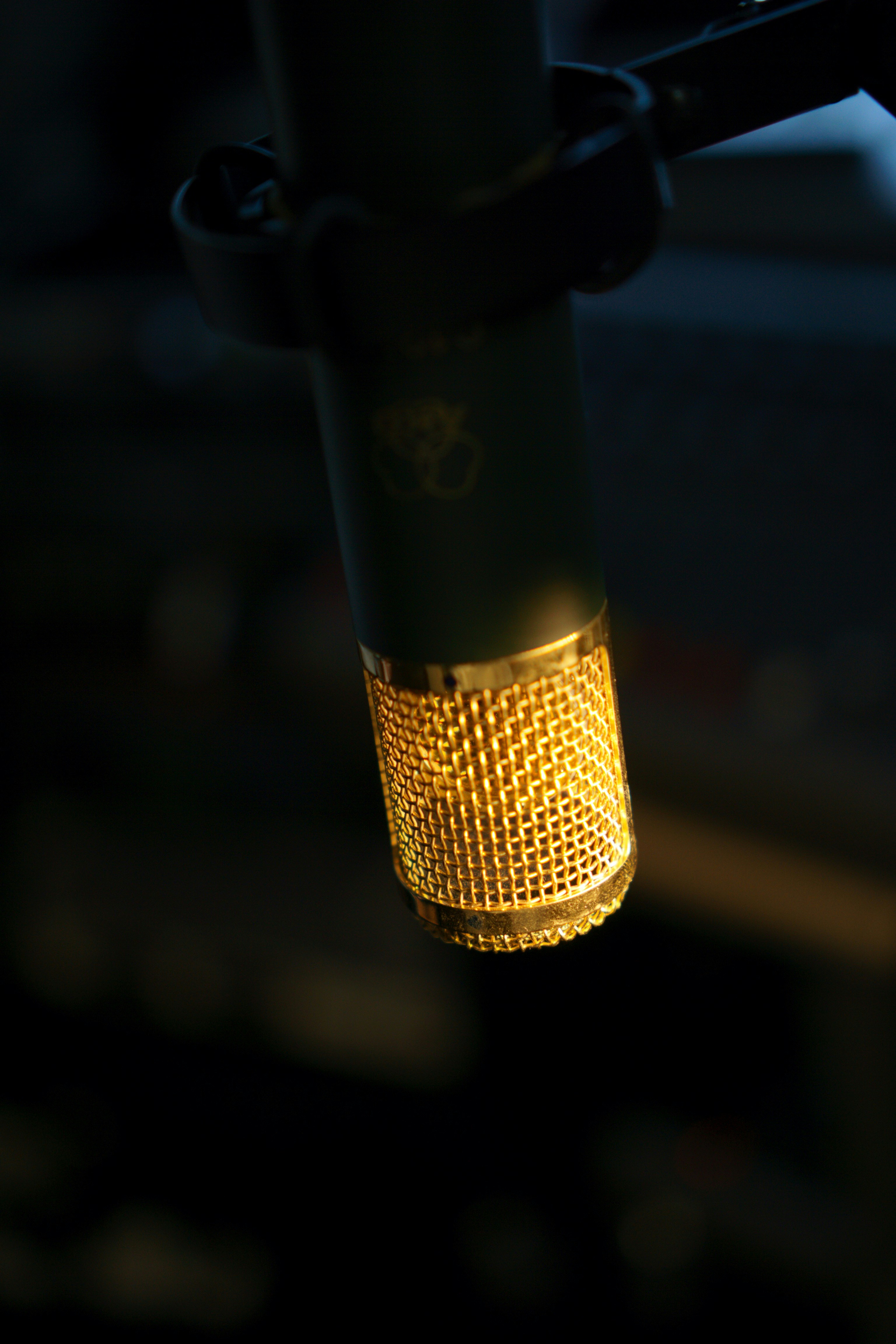 Close-up of a microphone with a golden grille, softly illuminated against a blurred background, highlighting its intricate design.