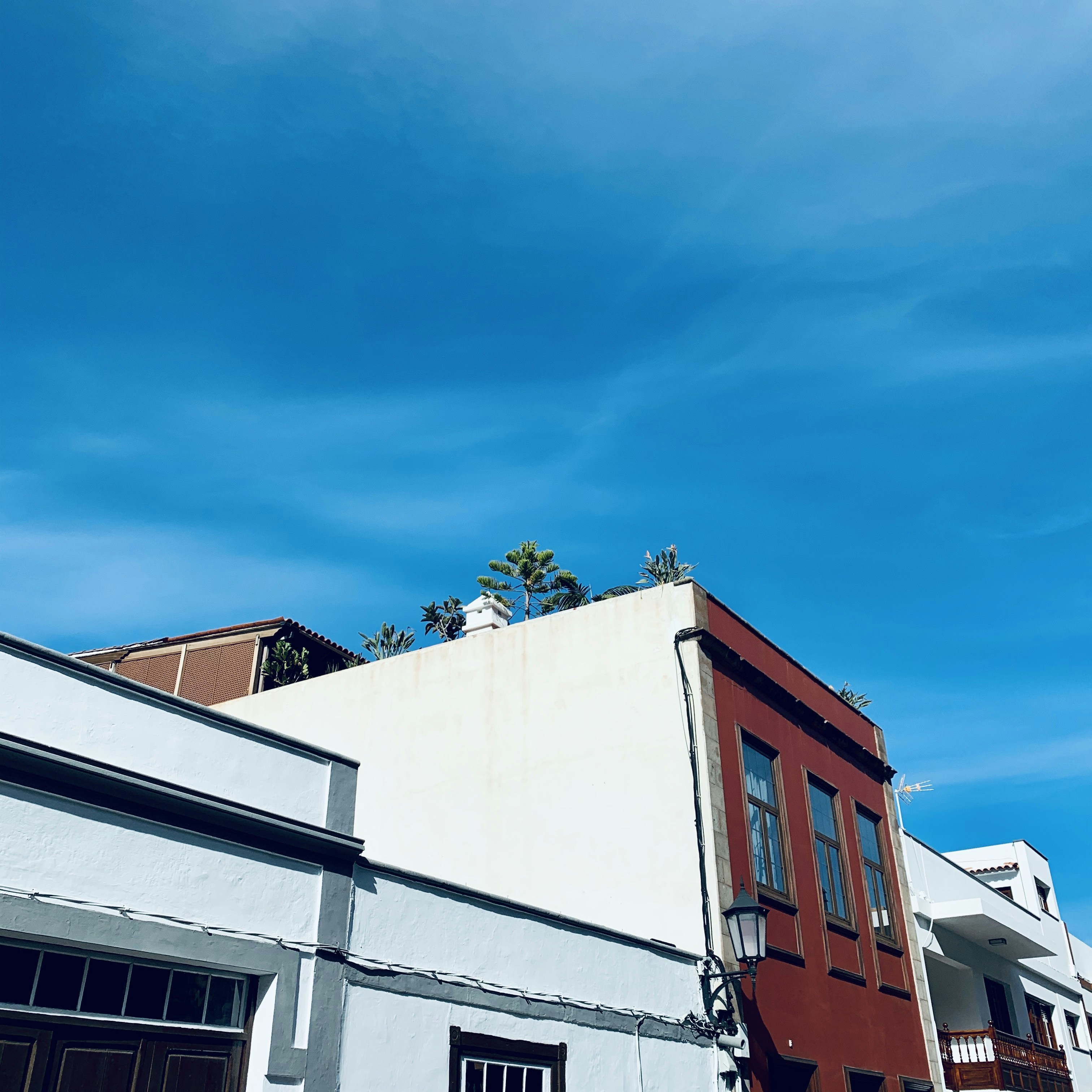 Crimson Corner under a Vivid Blue Sky: A Quiet Urban Portrait