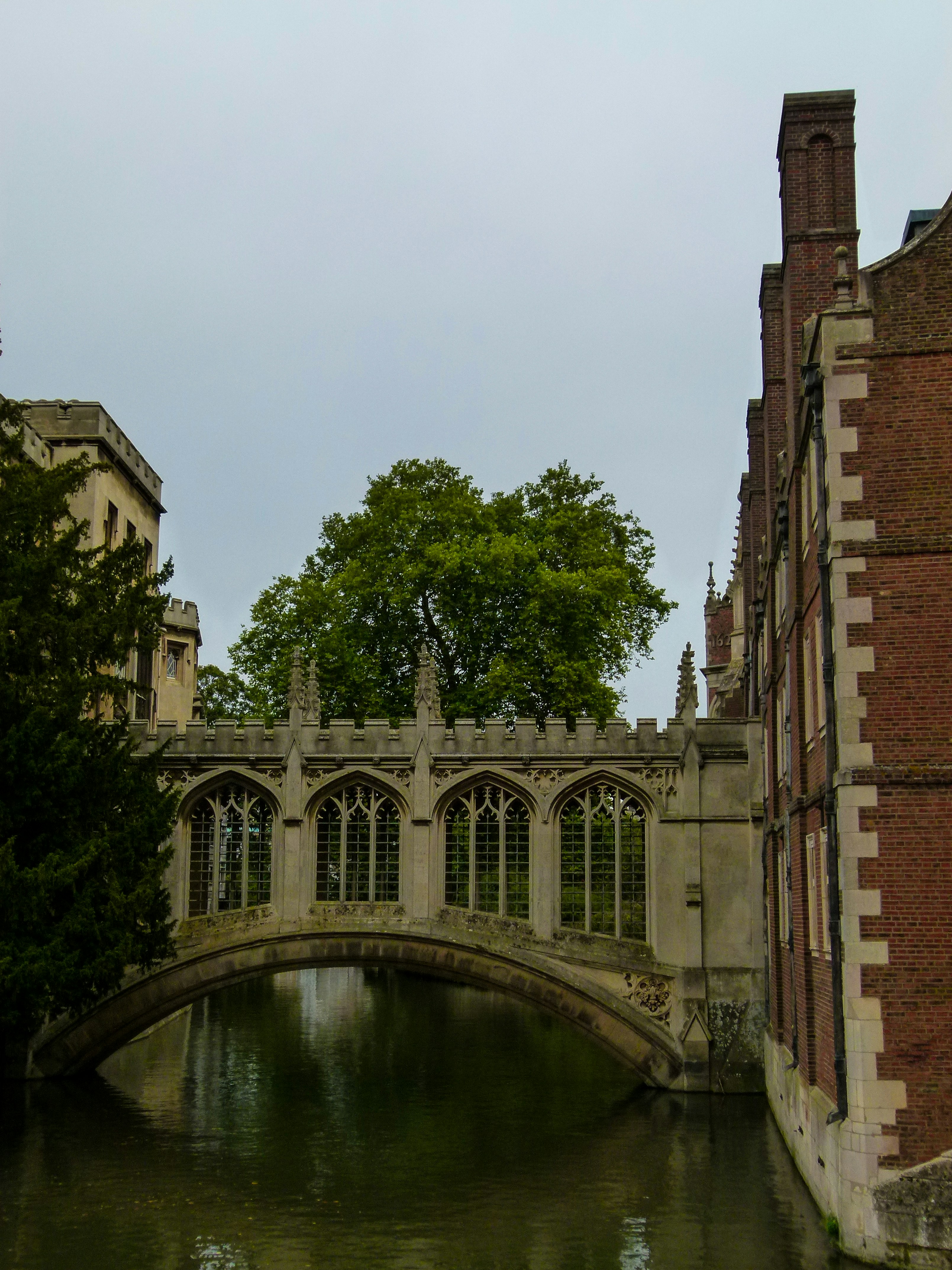 Gothic-style bridge arching over tranquil waters, framed by lush greenery and historical architecture. A serene moment captured amidst the whispers of history.