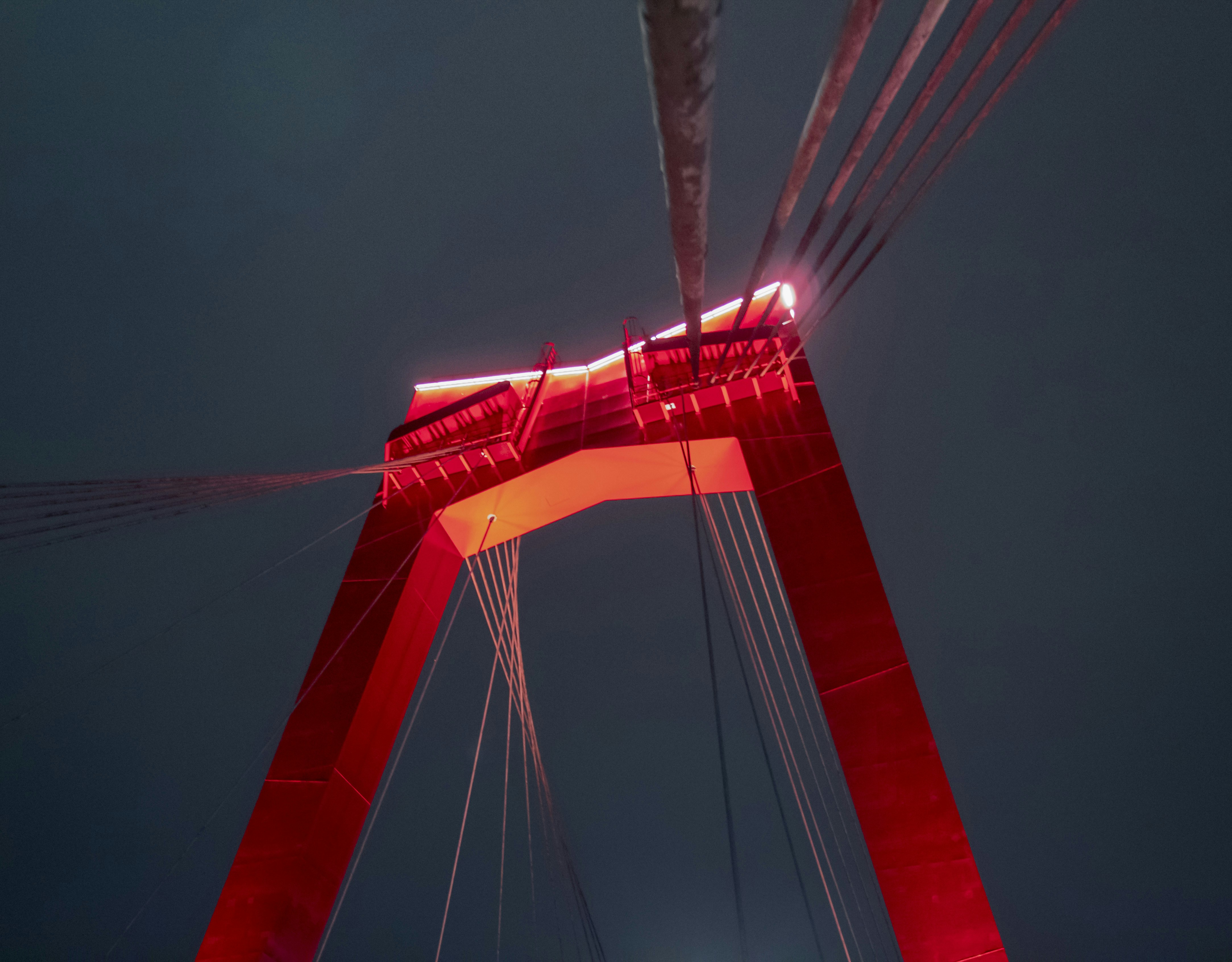 Red cable-stayed bridge during night time photo – Free Wallpaper Image ...