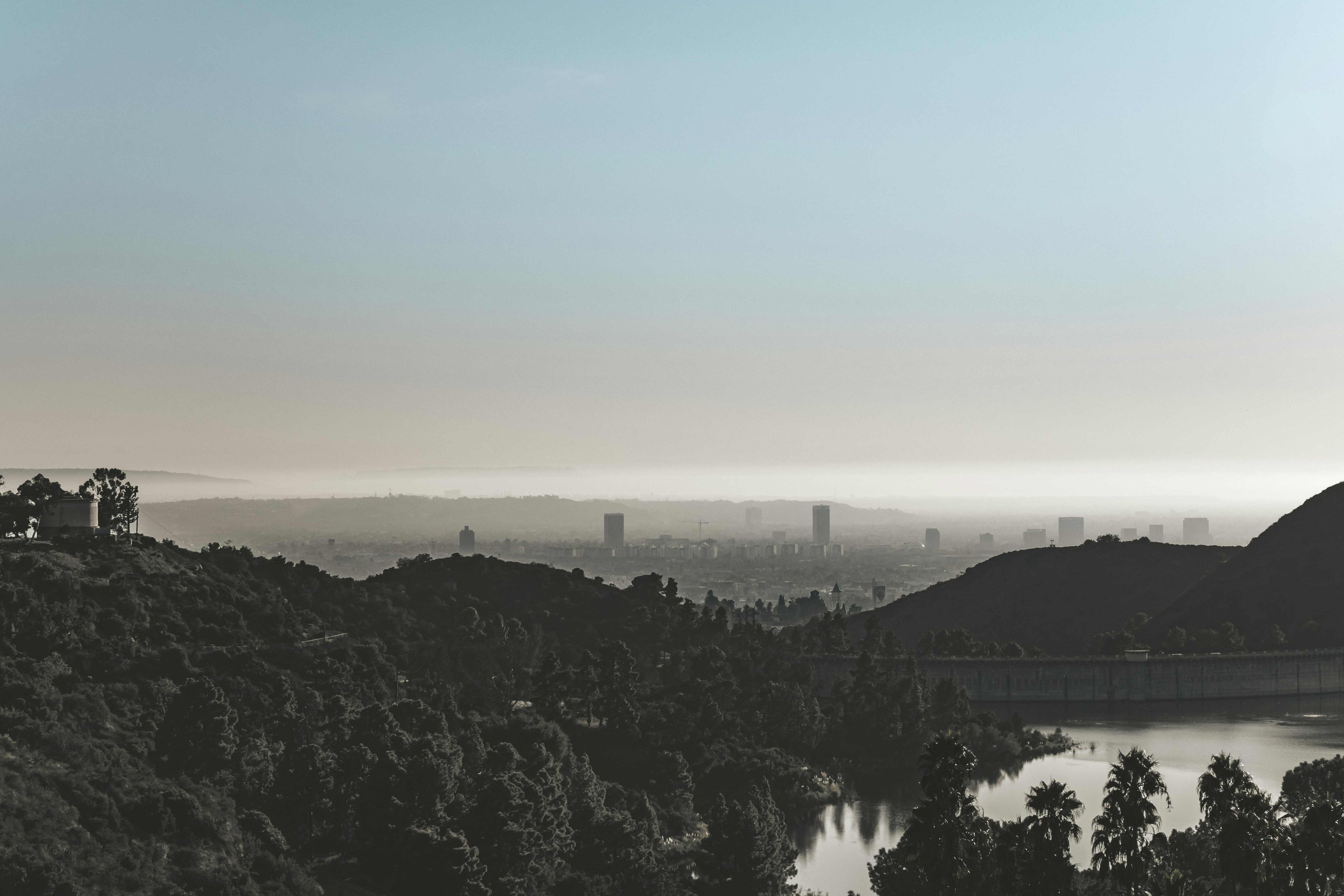 Los Angeles Mulholland Dam, Hollywood Hills, Water Reserve / Power; California, USA. 2019
Skyline of Los Angeles in Fog / Haze / Smog.