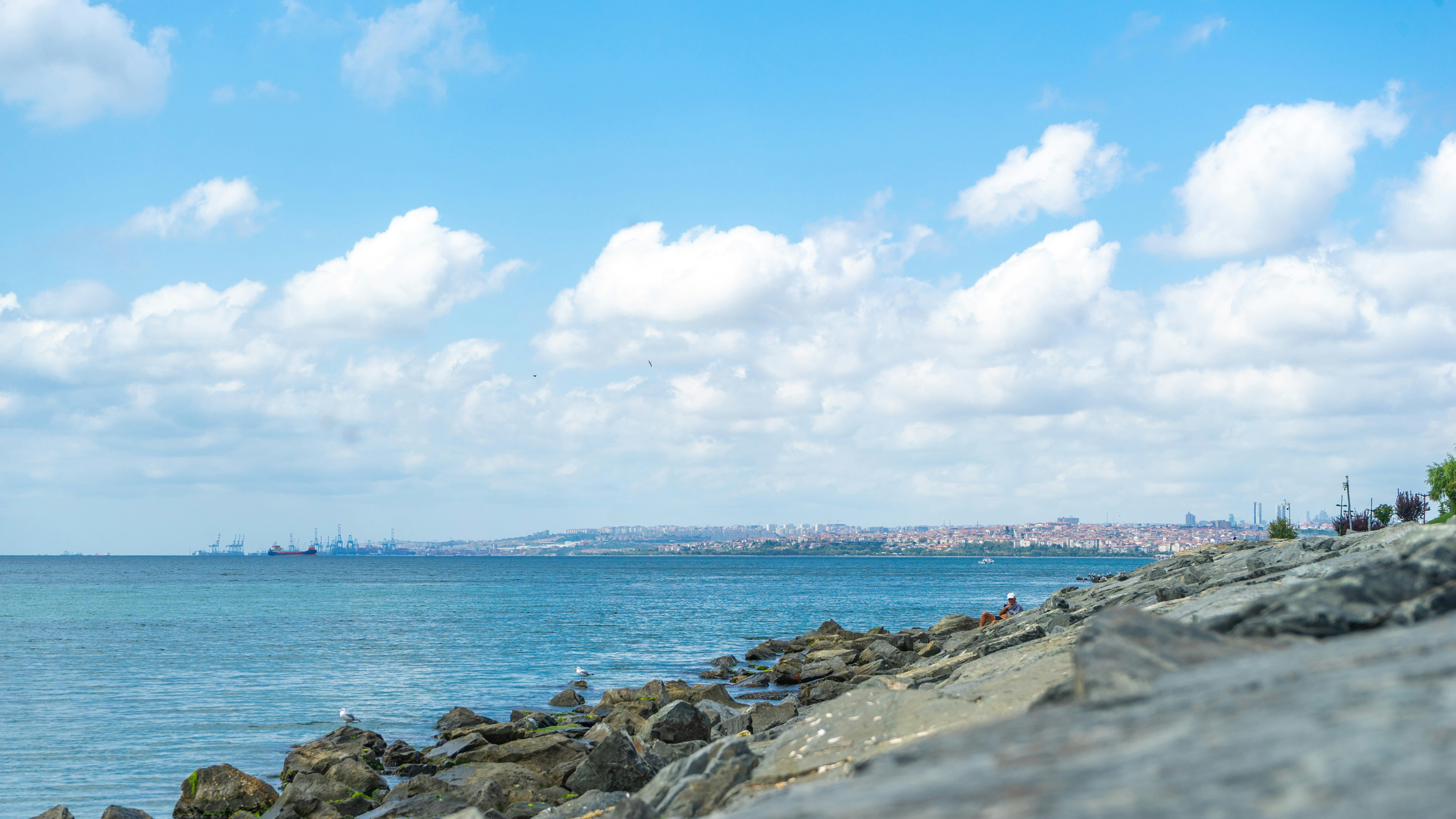 Rocky shoreline meeting calm waters under a partly cloudy sky, with distant cityscape visible on the horizon.