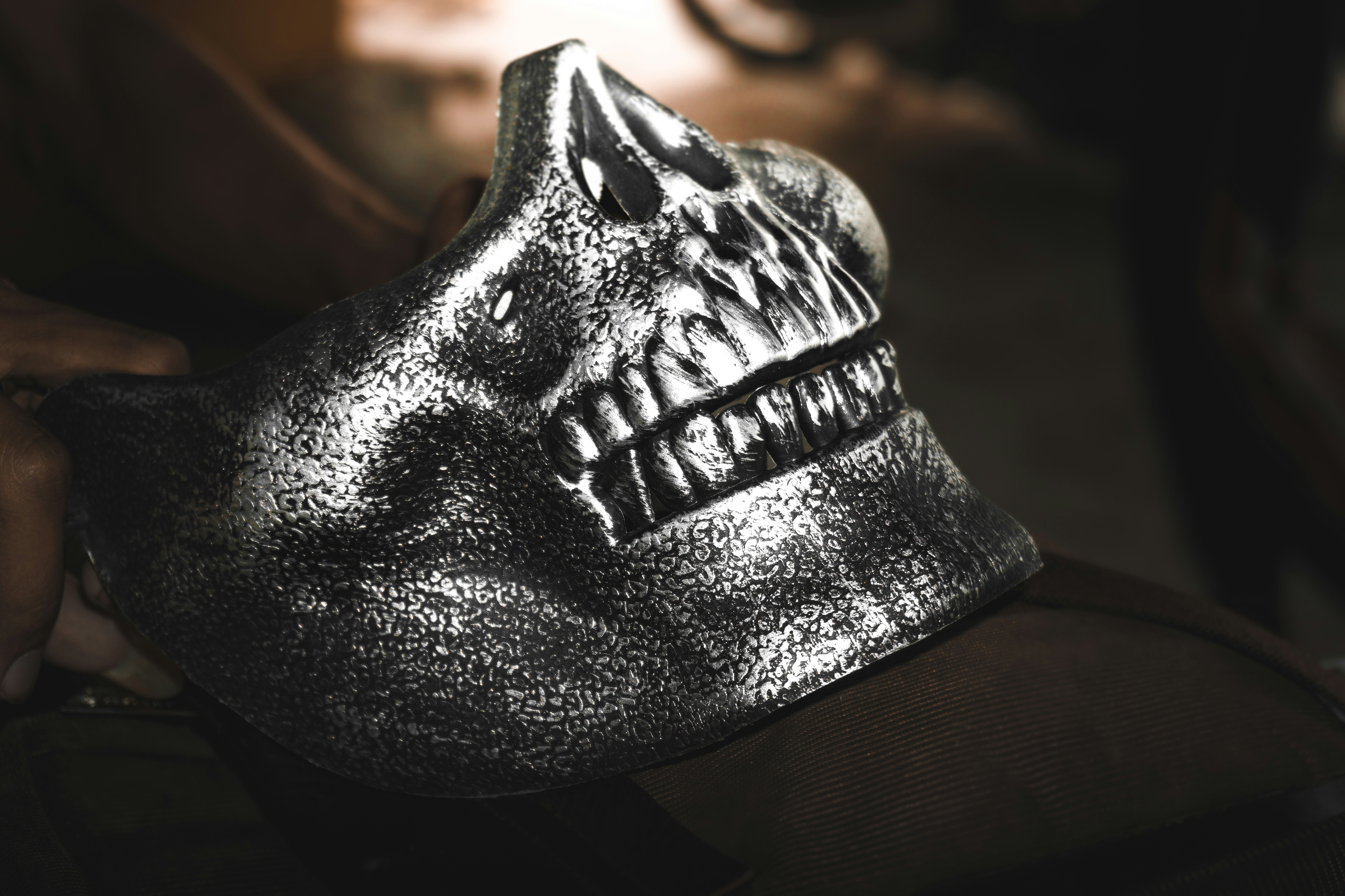 macro photography of silver skull decor