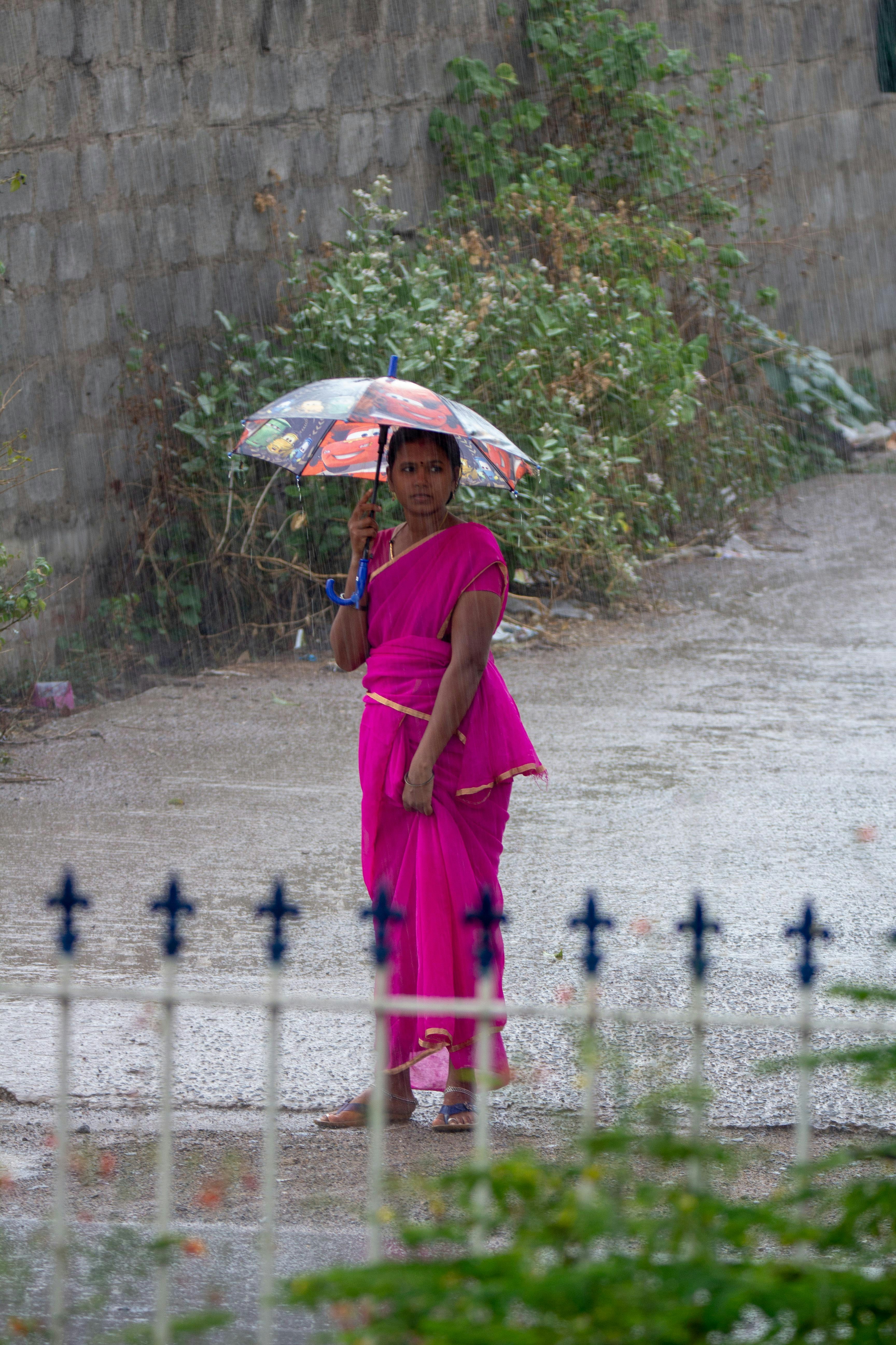 Magenta Sari Under Rain: A Quiet Pause with Color