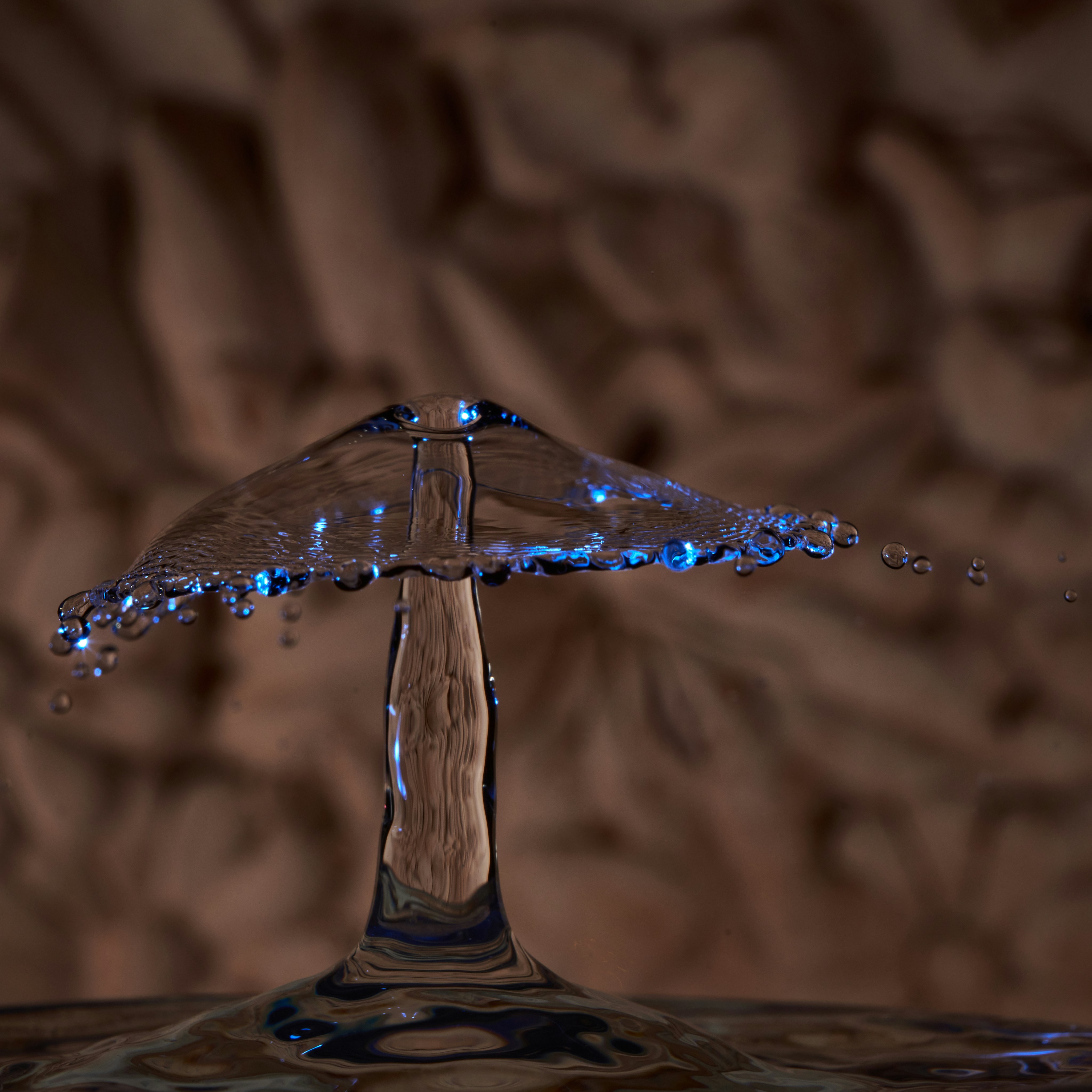 Water droplet creating a mushroom-like formation against a textured background. The moment captures the beauty of fluid dynamics.