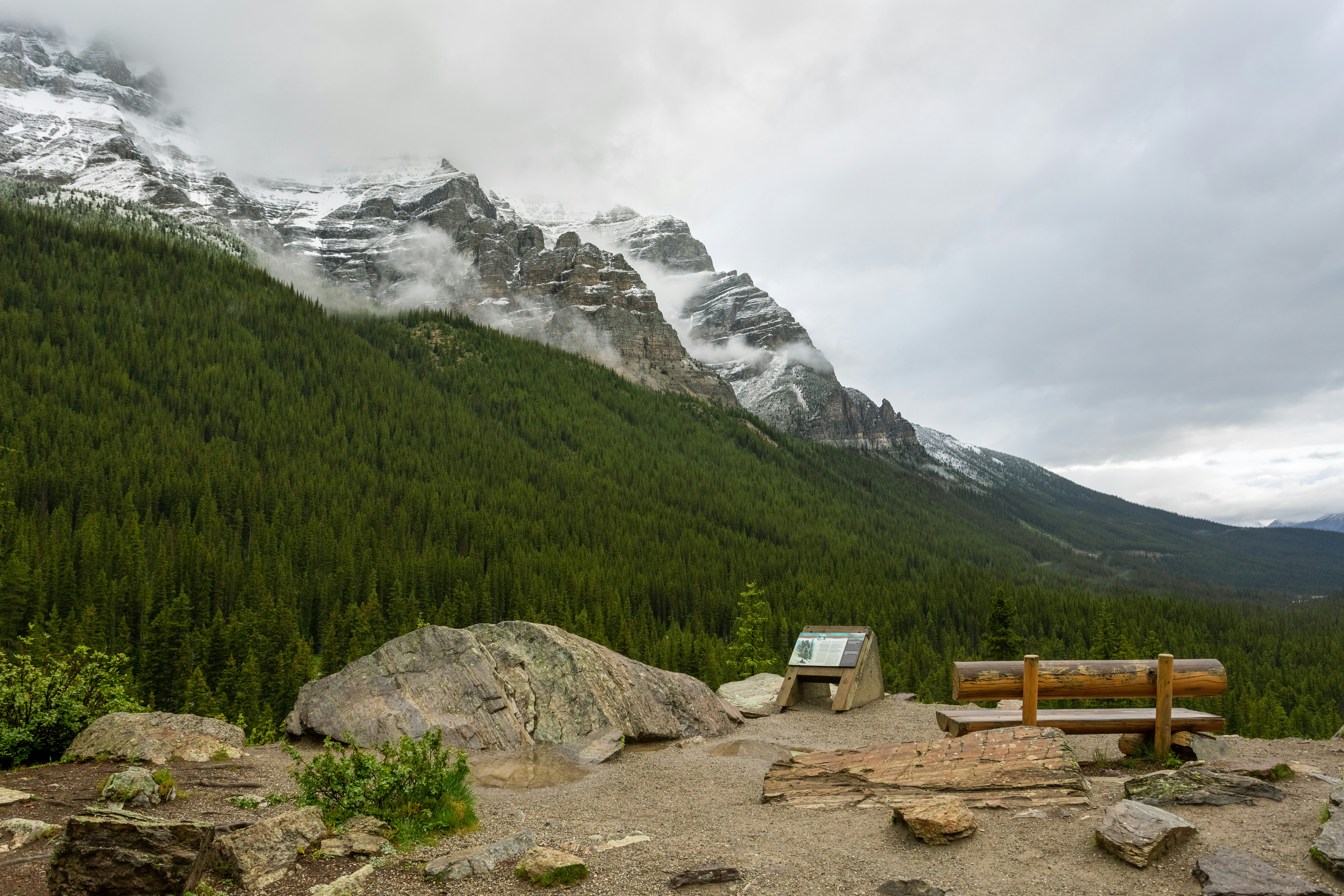 A quiet spot to take in the view of Temple Mountain from the top of the Rock Pile at Moraine Lake