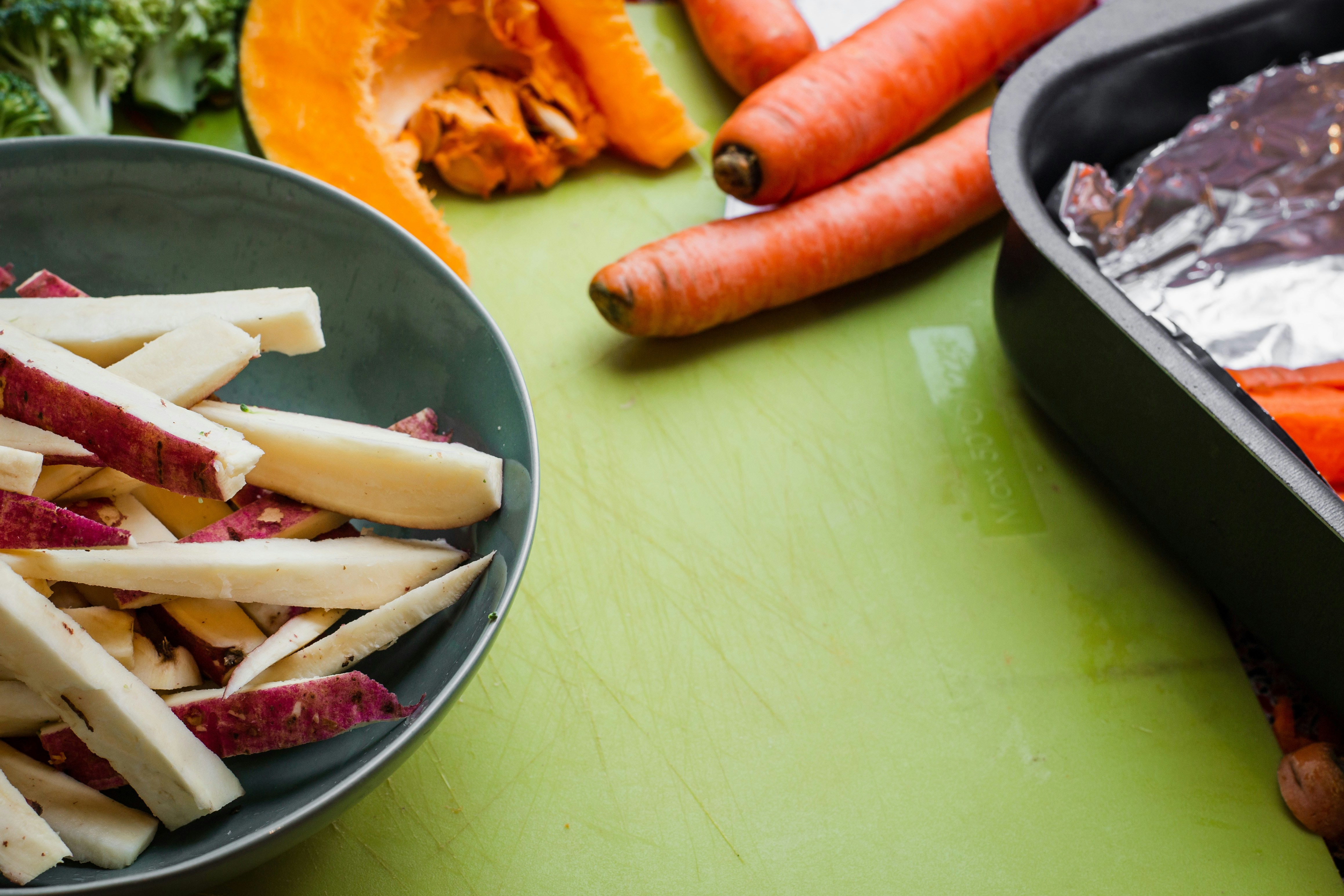 Root-Veg Parade on a Bright Green Cutting Board