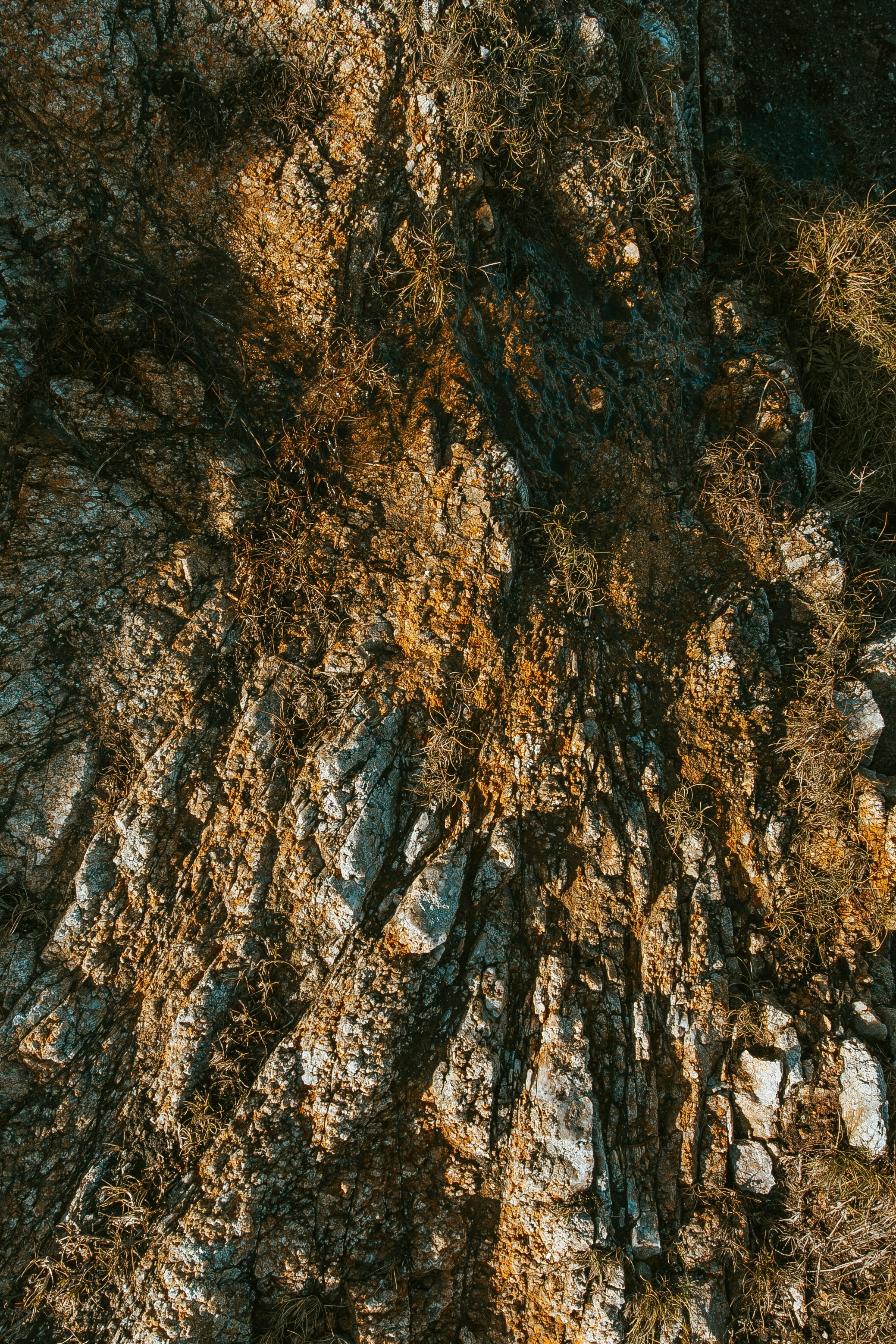 Intricate patterns of rocks and sparse vegetation create a natural tapestry on a rugged terrain.