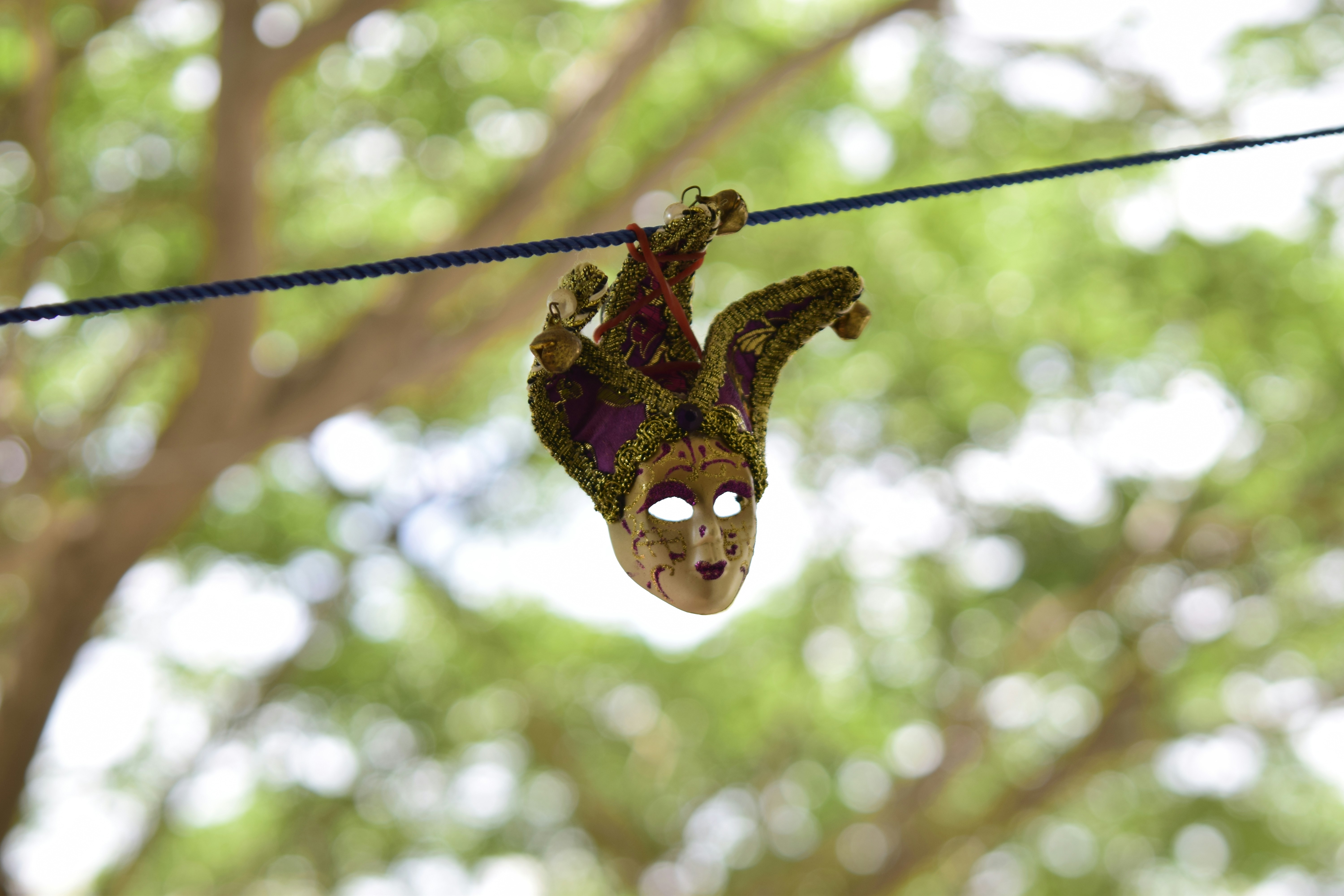 Hanging Guardian: An Ornate Mask Suspended in Leafy Light