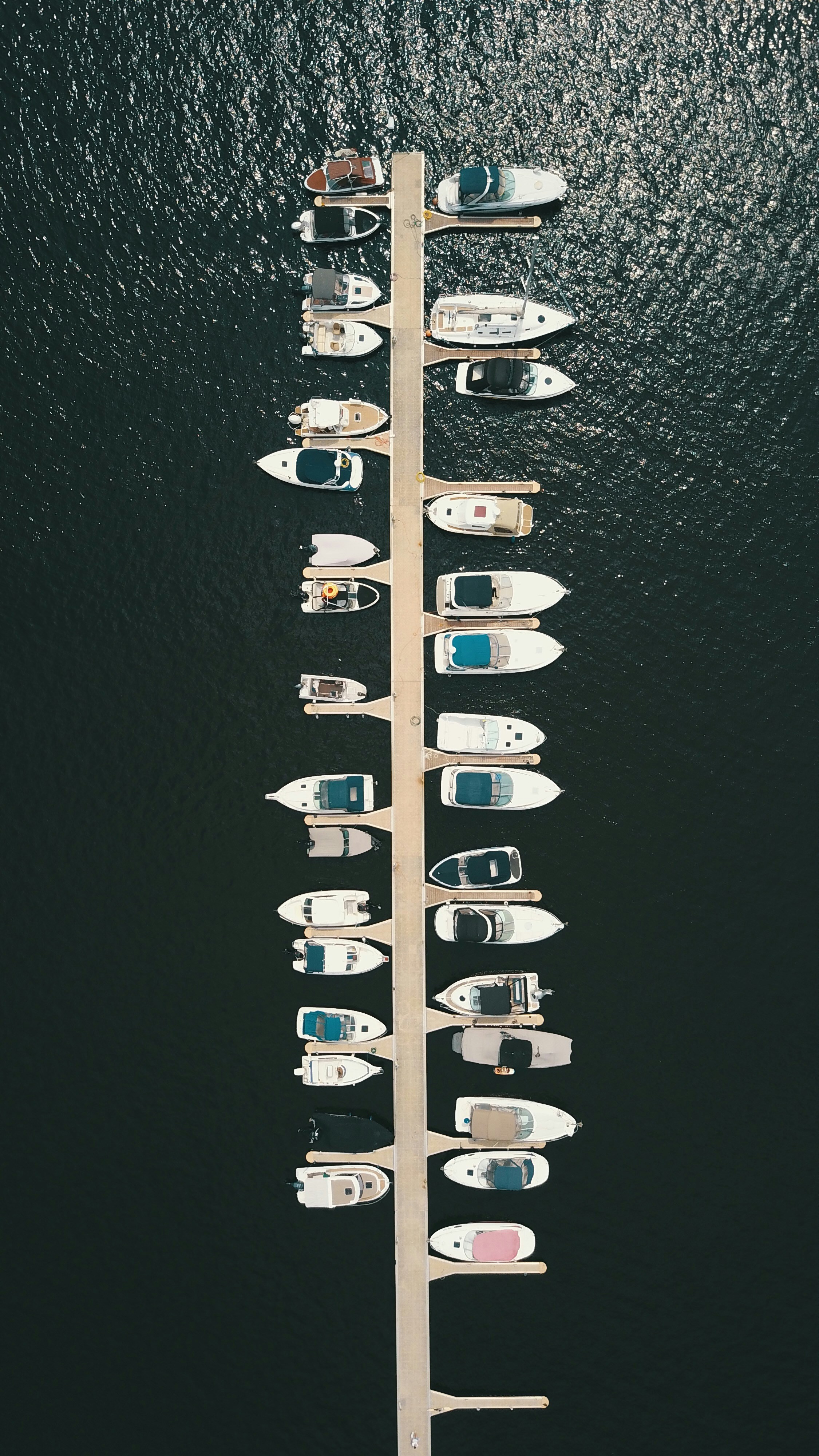 Vertical Marina Symmetry: Boats Docked Along a Central Pier