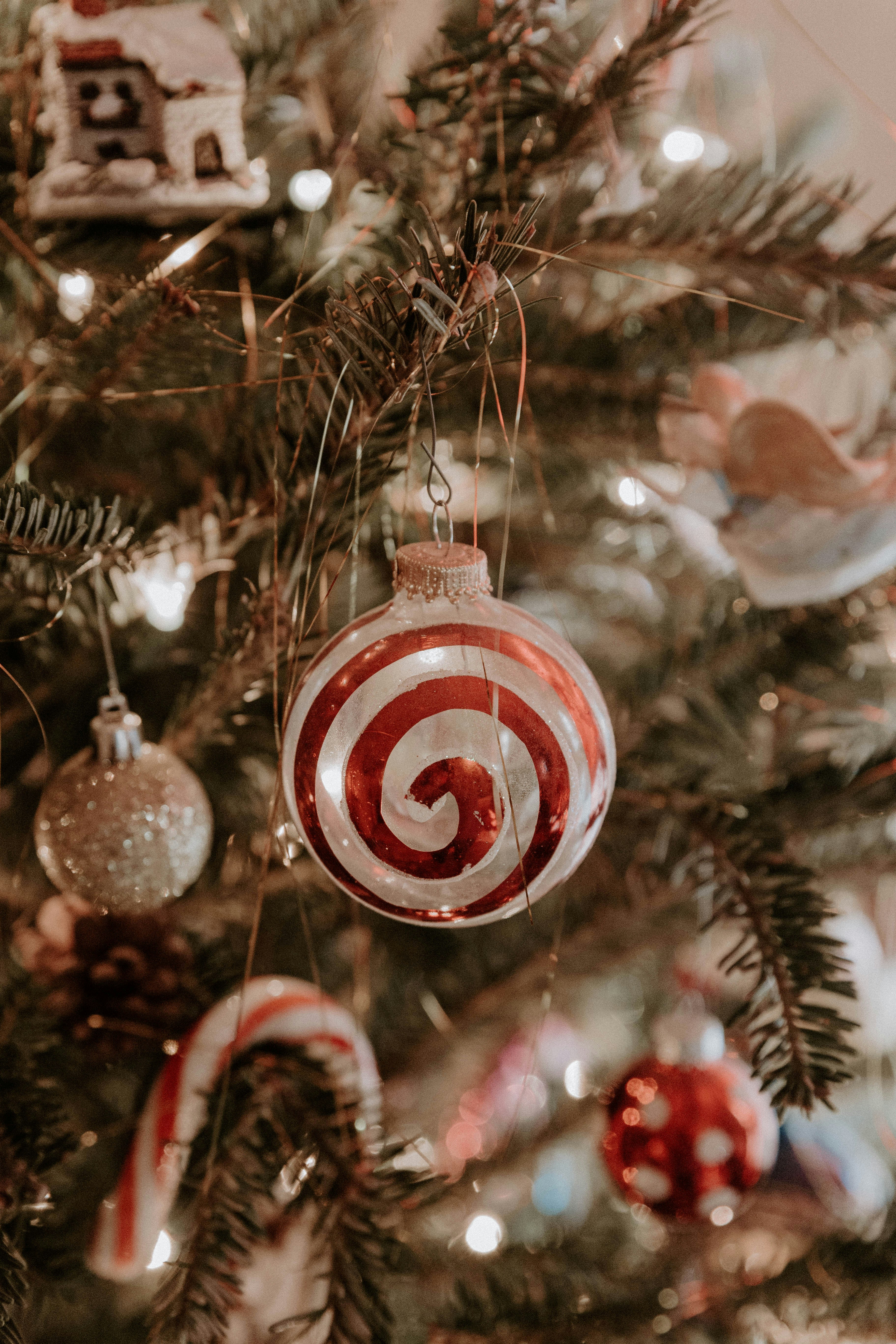 Red Spiral Ornament on a Christmas Tree Bathed in Warm Fairy Light