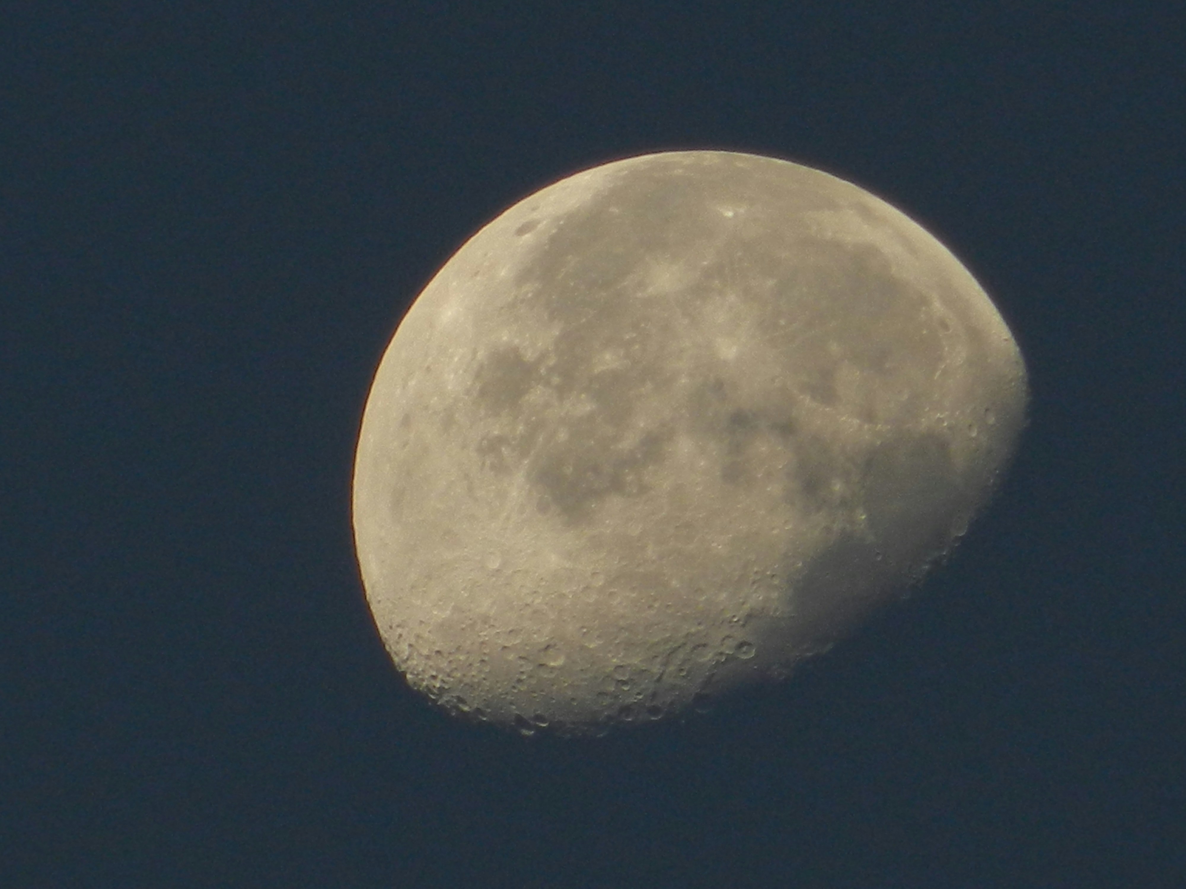 Gibbous moon against a clear blue sky during daylight.