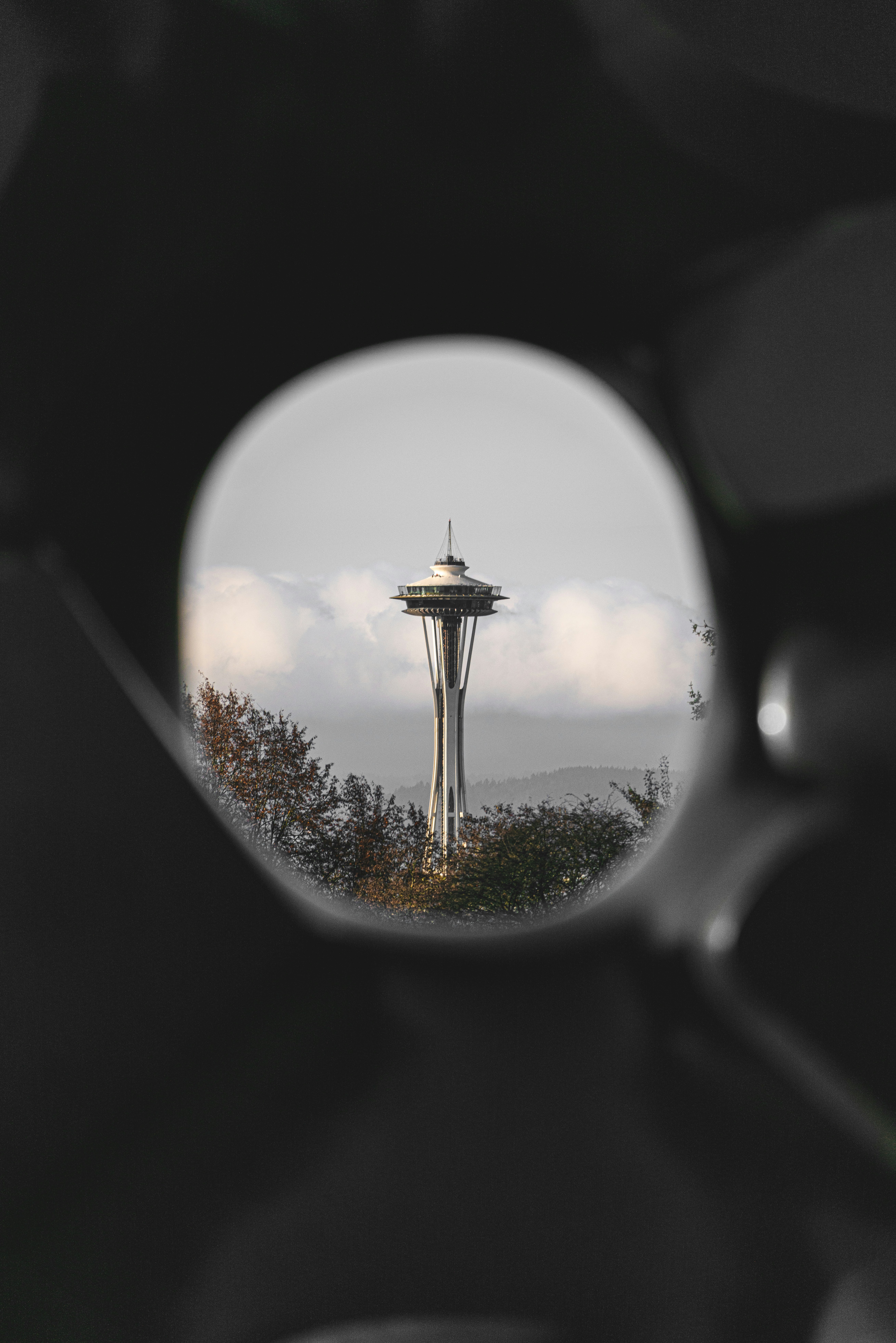 The Space Needle is framed through an artistic opening, showcasing its unique architecture against a backdrop of soft clouds and greenery.