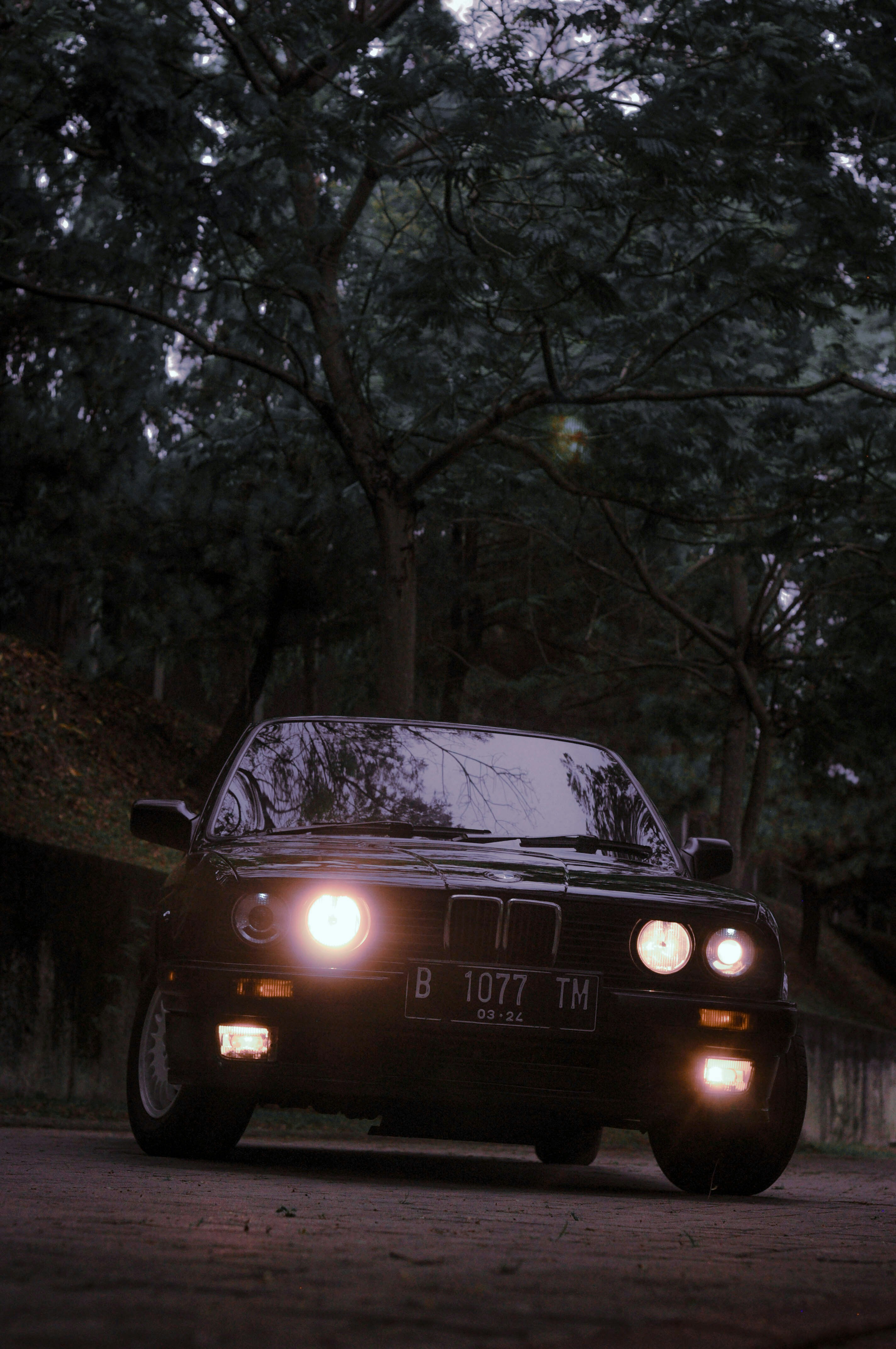 Moonlit Promenade: Front View of a Classic BMW E30 on a Dim Forest Road