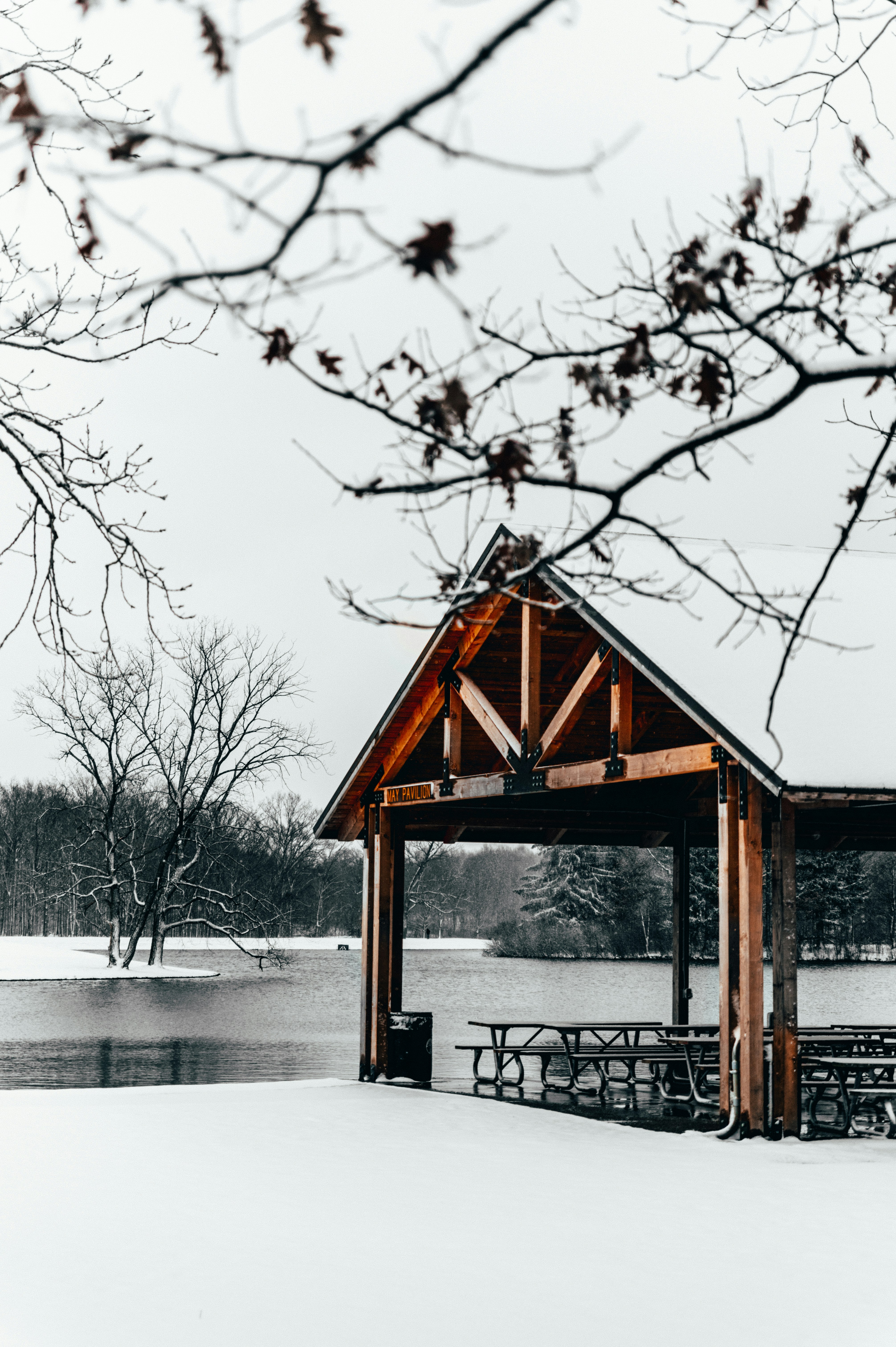 Timber Pavilion at a Snowbound Lake, Framed by Bare Winter Branches