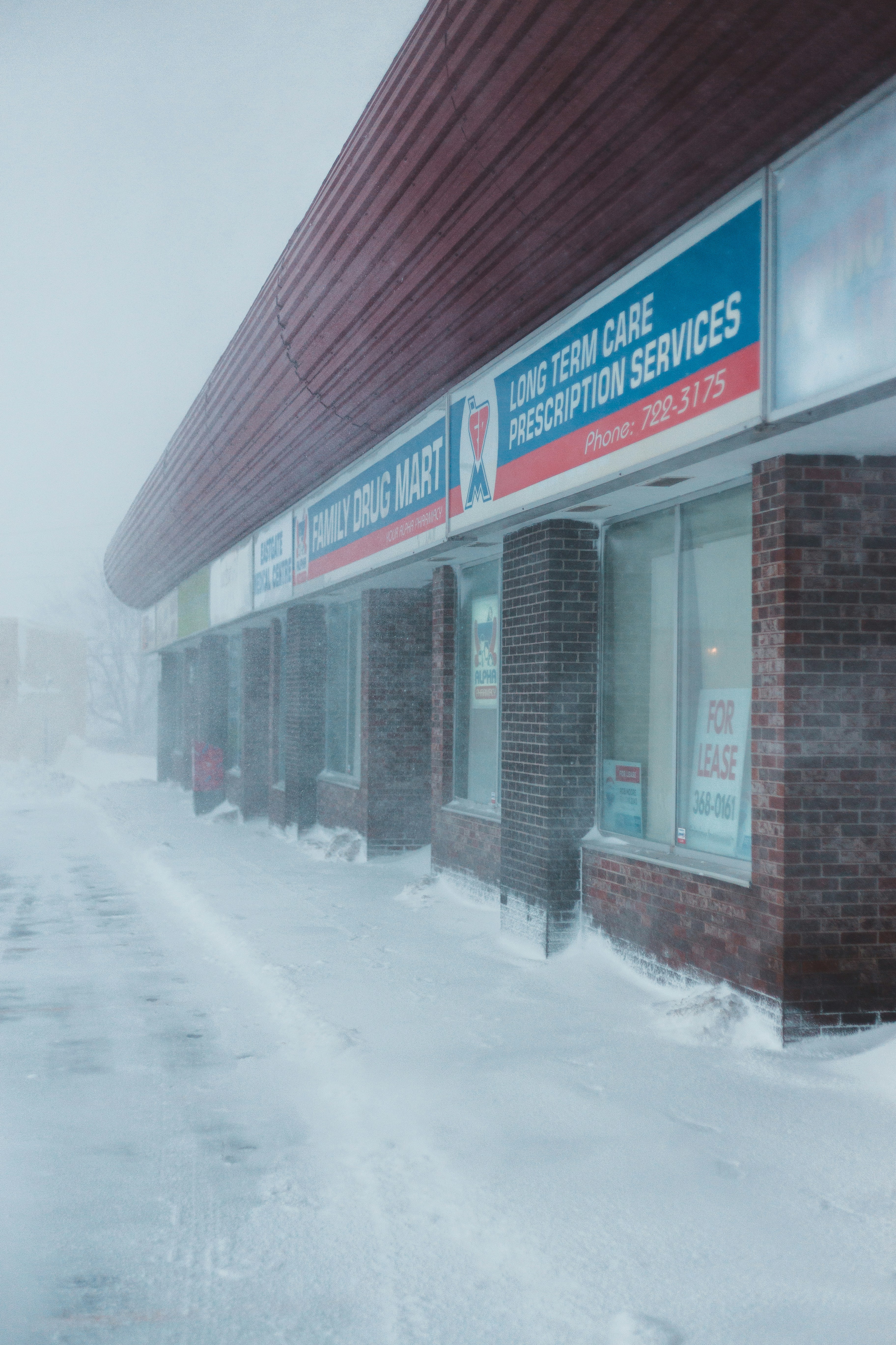 Snowbound Strip Mall: Blue Signage and Brick Columns Framed by Winter Mist