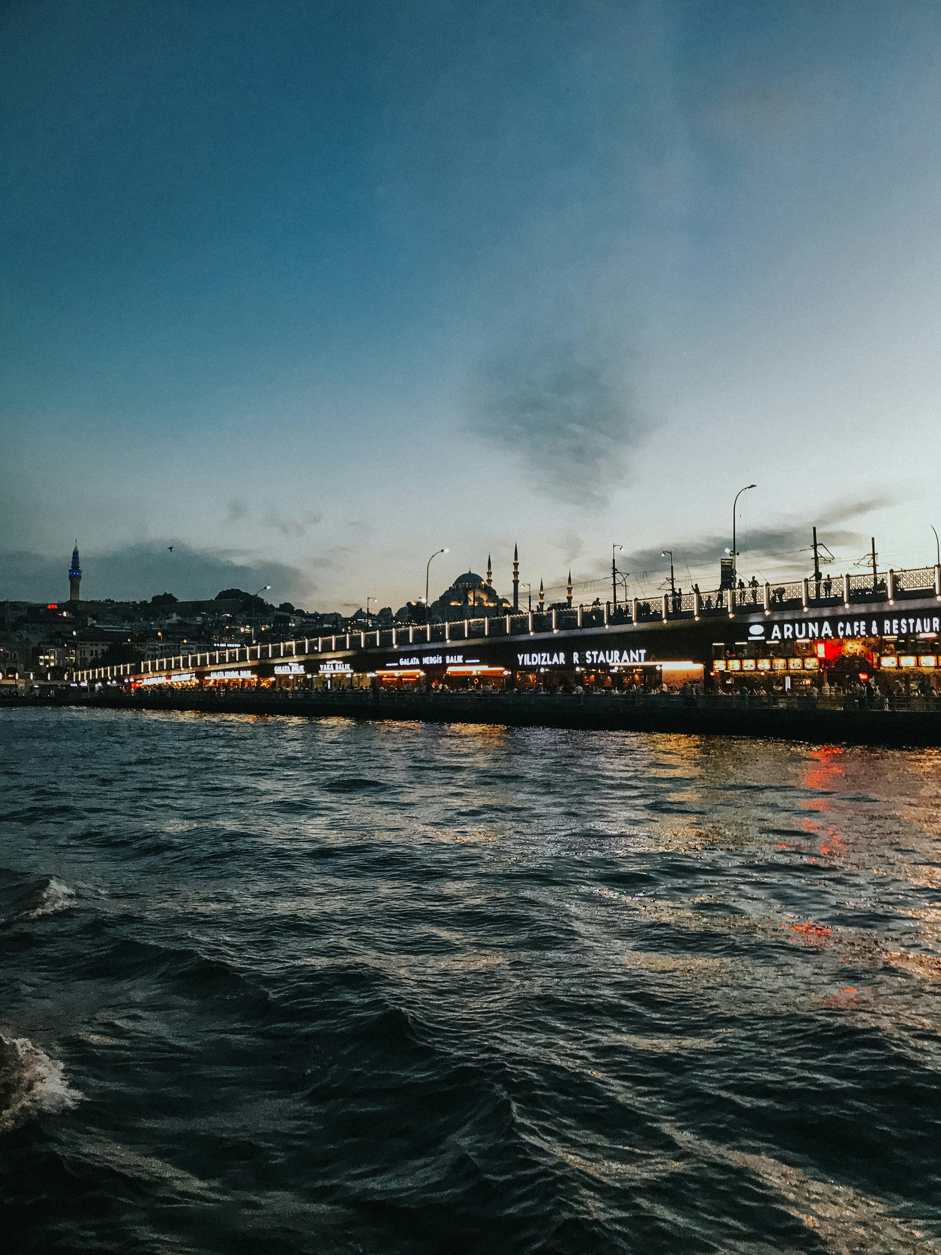 Vibrant waterfront scene featuring illuminated restaurants along a bustling promenade at dusk, with gentle waves reflecting the city lights.
